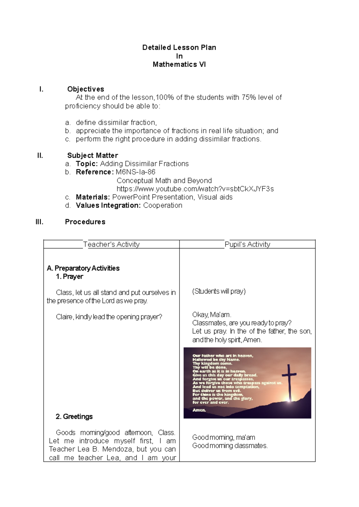 Lesson Plan in Math 6: Adding Dissimilar Fractions (M6NS-Ia) - Studocu