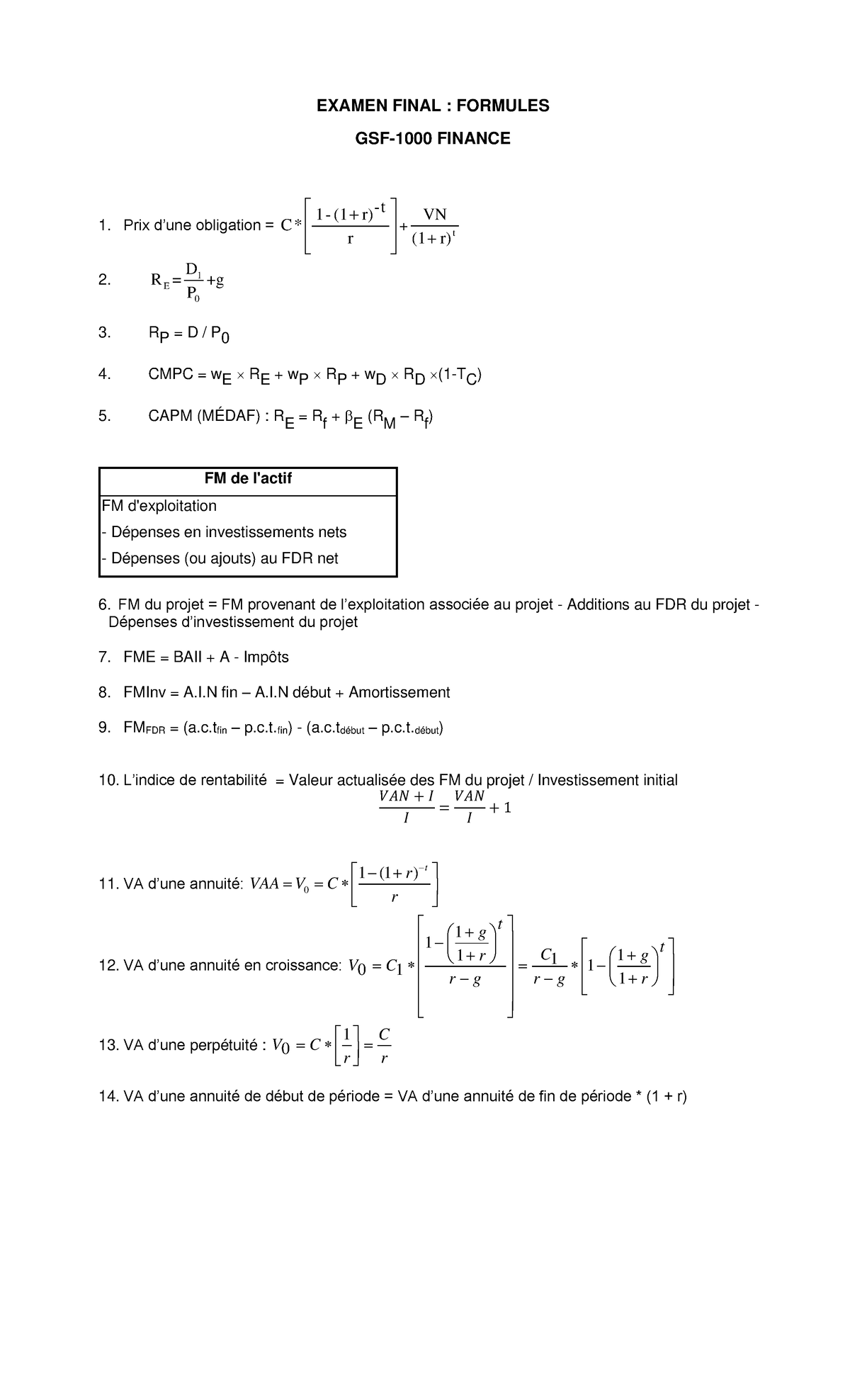 Feuille de formules - Final A24 - EXAMEN FINAL : FORMULES GSF- 1000 ...