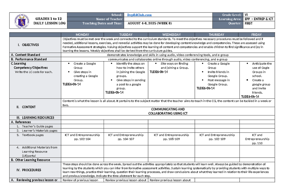 DLL TLE ICT 6 - Q1 Week 8: Daily Lesson Log and Objectives - Studocu