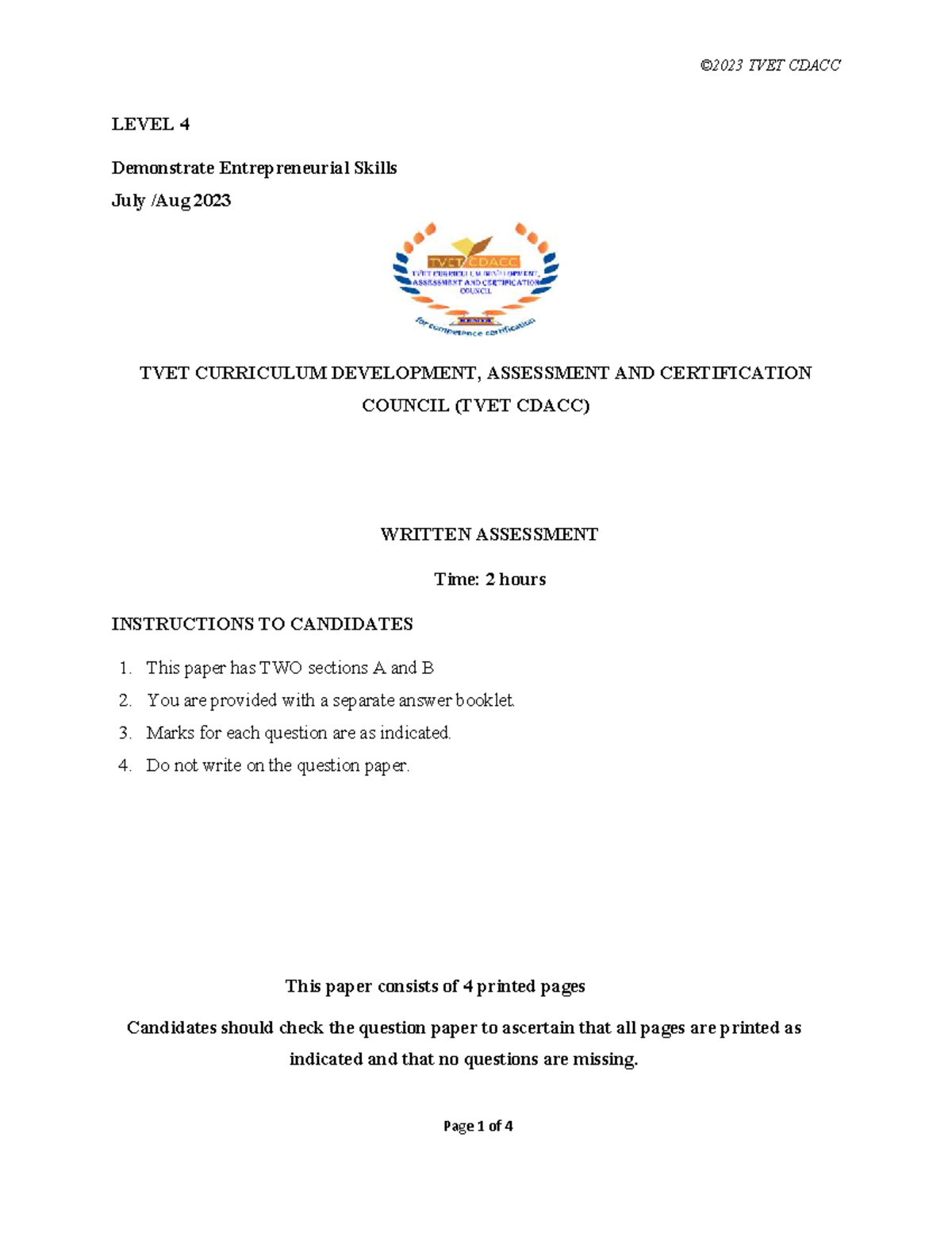 Entrepreneurial Skills Assessment - Level 4 Exam (July/Aug 2023) - Studocu