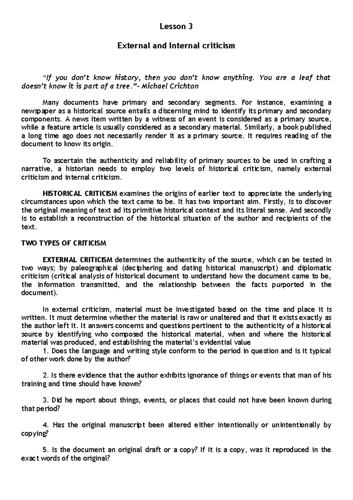 RPH 101 - Lesson 3: Critique of Historical Sources & Analysis - Studocu