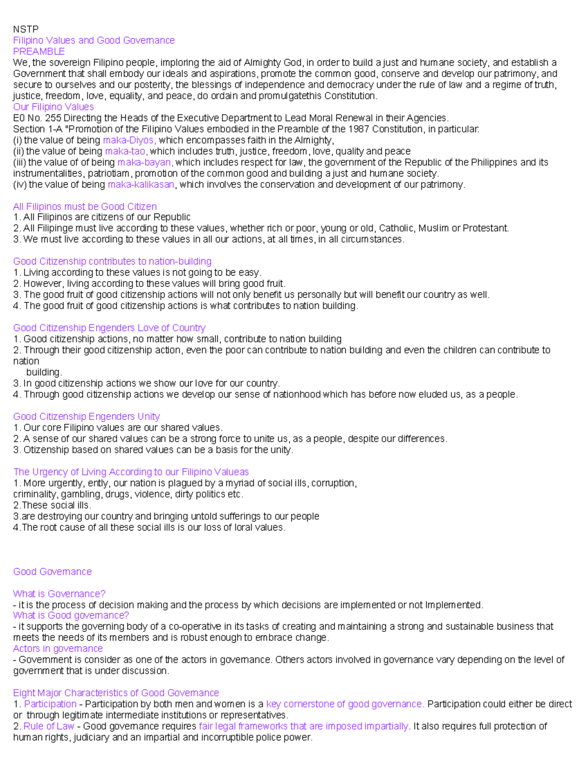 NSTP - Seasoning - NSTP Filipino Values and Good Governance PREAMBLE We ...