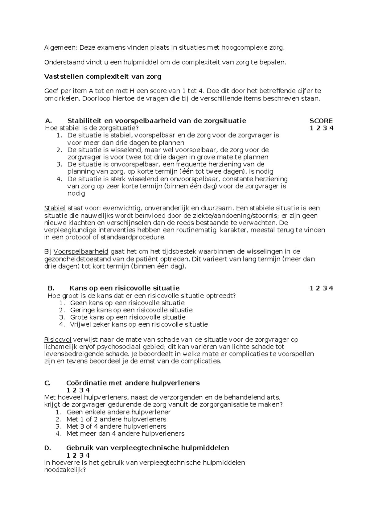 Complexiteit Score voor Examens in Hoogcomplexe Zorg - Studeersnel