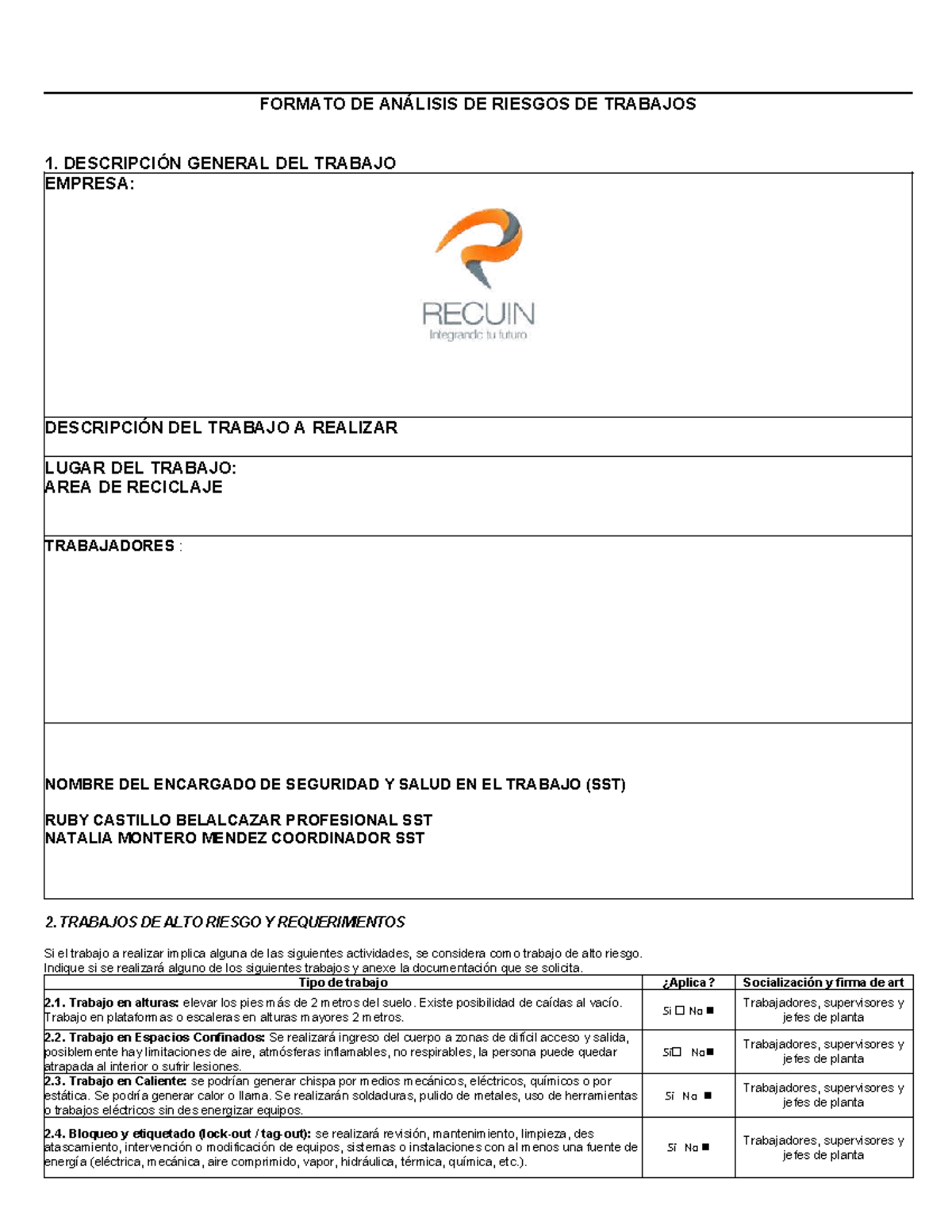 Formato de Análisis de Riesgos en el Proceso de Reciclaje - ART - Studocu