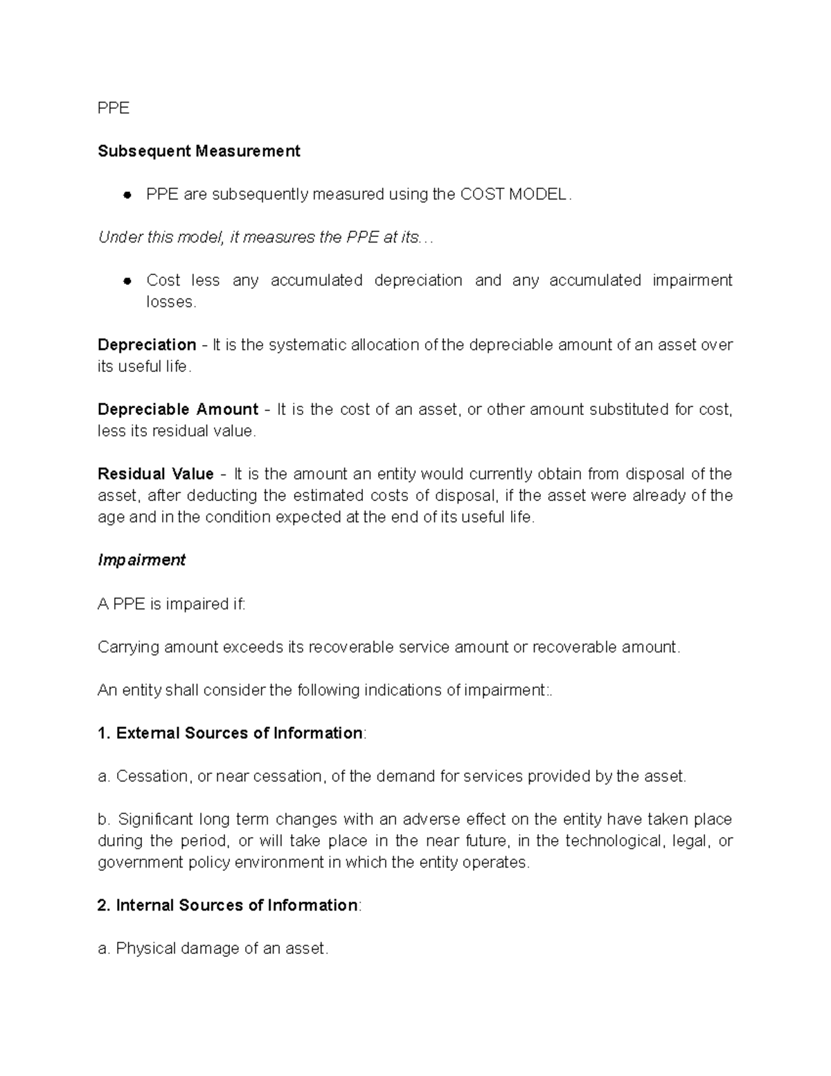 PPE Measurement & Impairment Analysis - PPE Study Notes - Studocu