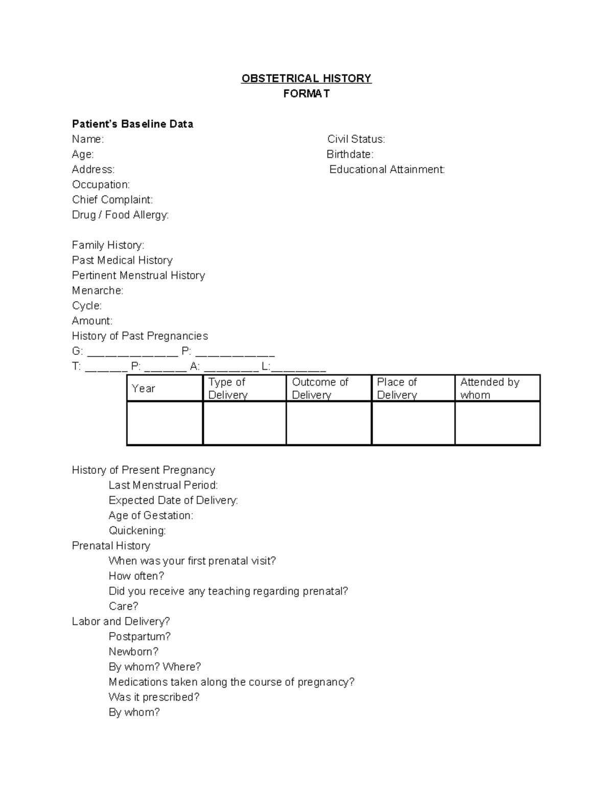 OBST 101: Comprehensive Obstetrical History Format Template - Studocu