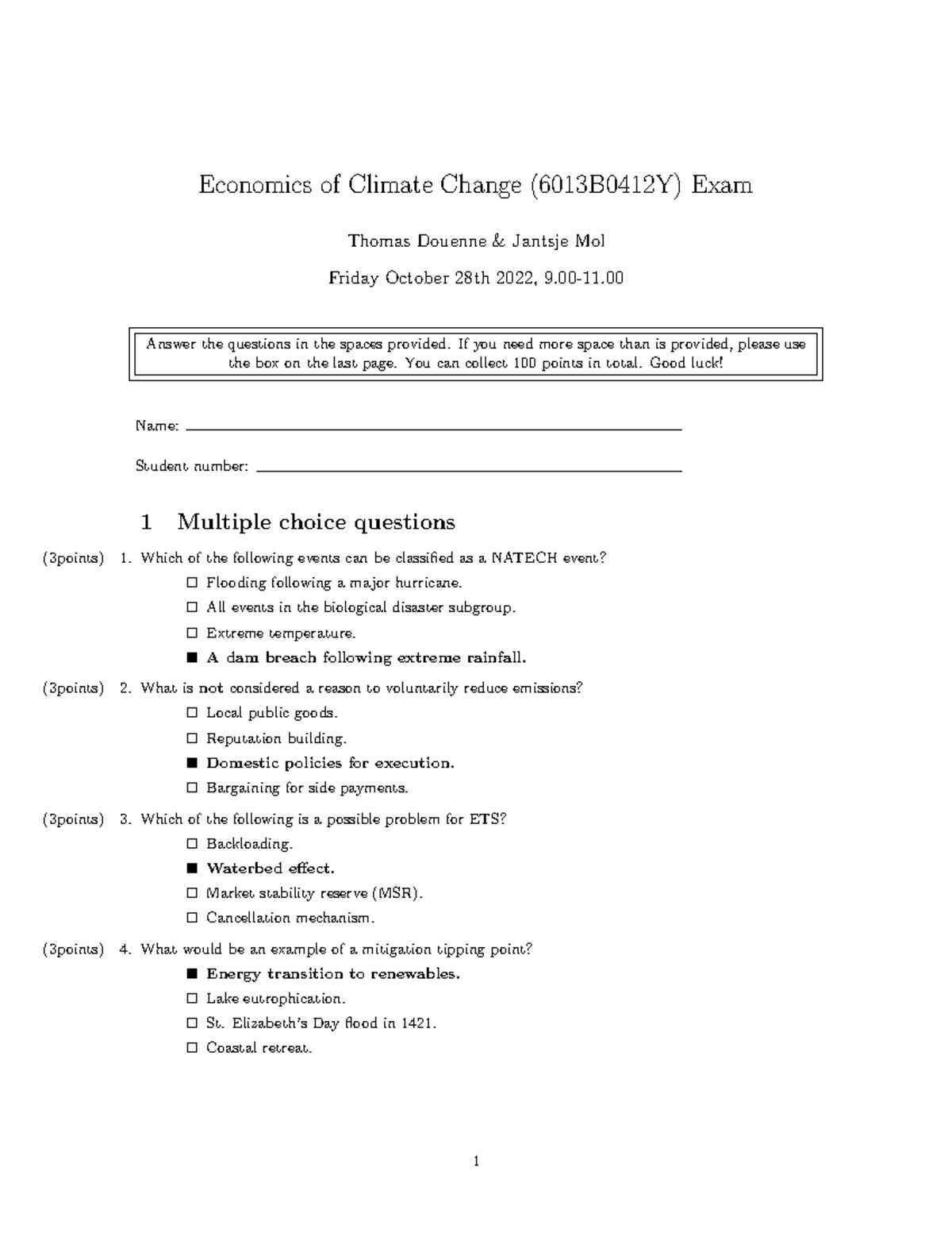 Economics of Climate Change Exam Answers (6013B0412Y) 2022 - Studeersnel
