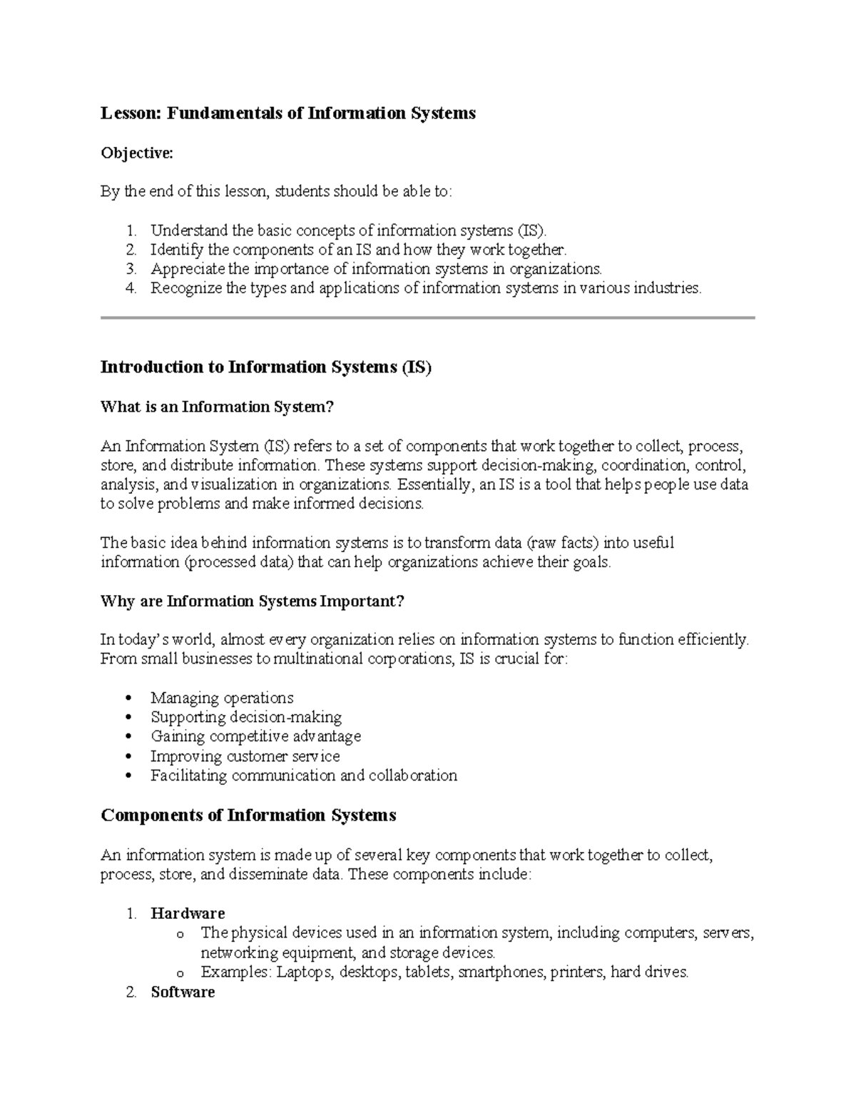 Lesson Plan: Fundamentals of Information Systems (IS) Overview - Studocu