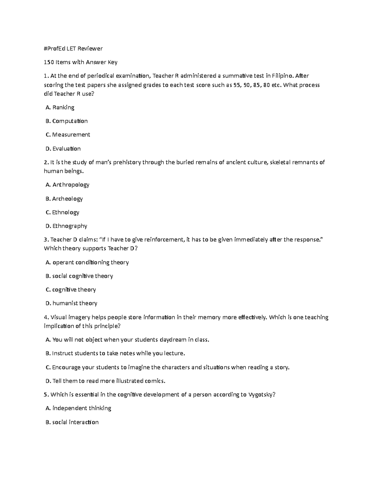 ProfEd LET Reviewer: Sample MCQs with Answer Key for Exam Prep - Studocu