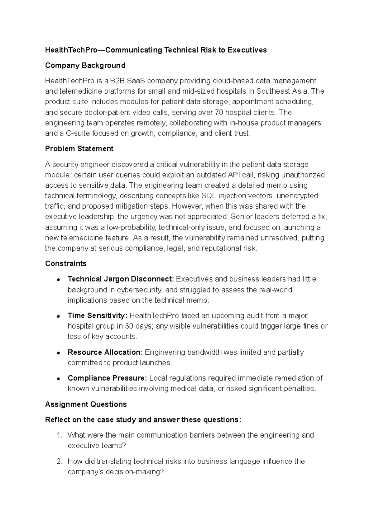 Technical Risk Communication Barriers: A Case Study on HealthTechPro ...