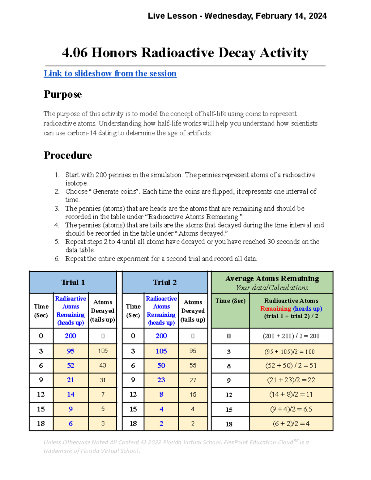 4.06H Honors Radioactive Decay Live Lesson Activity Summary - Studocu