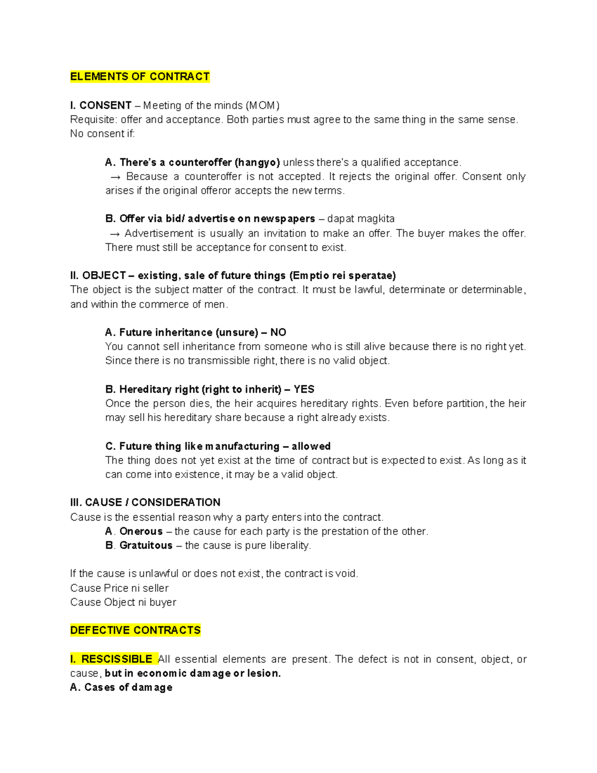 Contract Law: Elements of Consent & Defective Sales (LAW 101) - Studocu