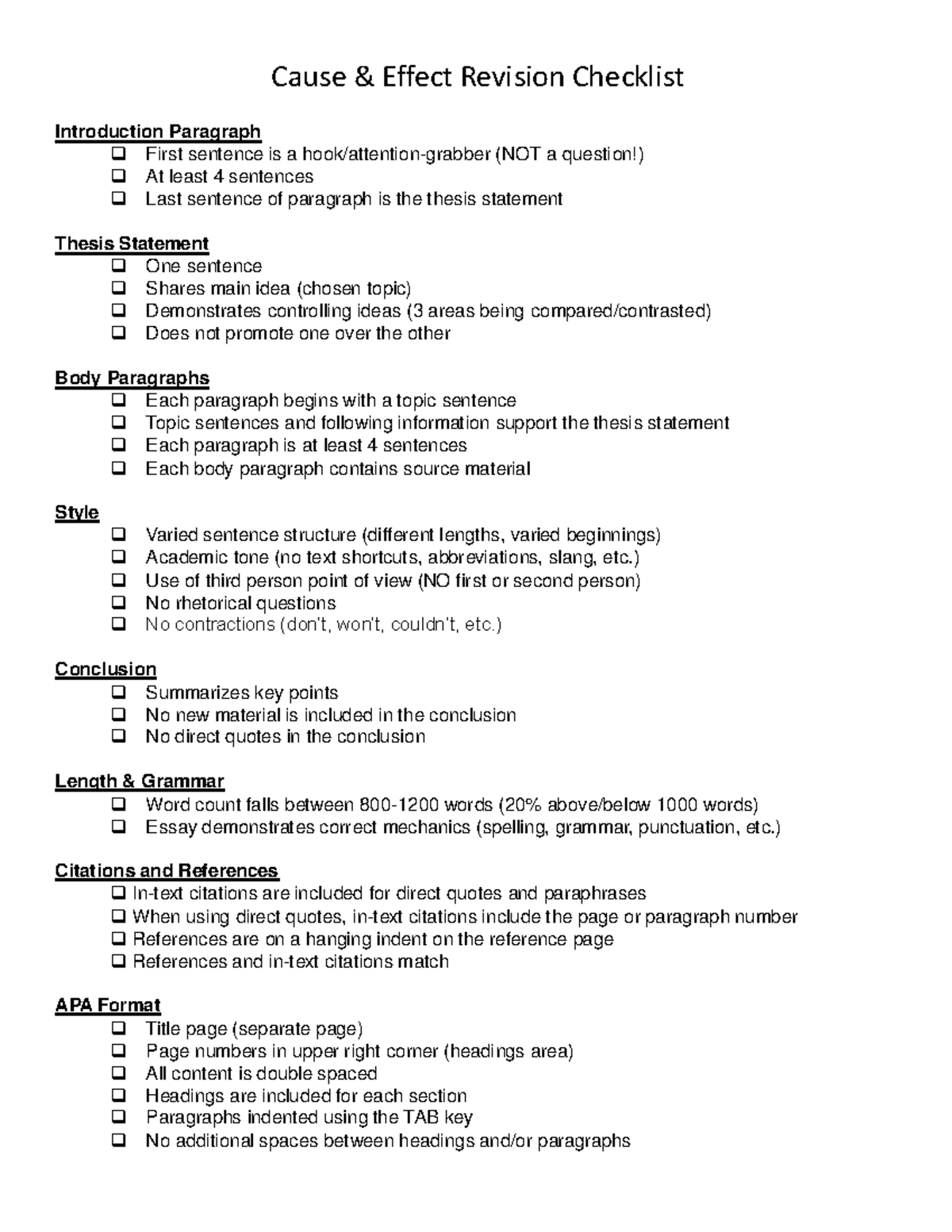 C&E 101 Essay Revision Checklist: Structure & Style Guide - Studocu