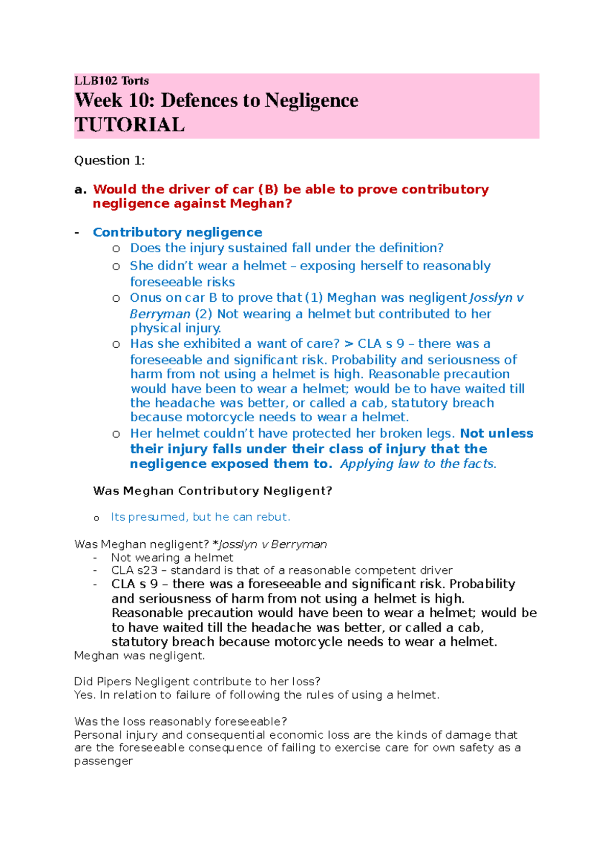 LLB102 Torts Week 10 Tutorial - LLB102 Torts Week 10: Defences to ...