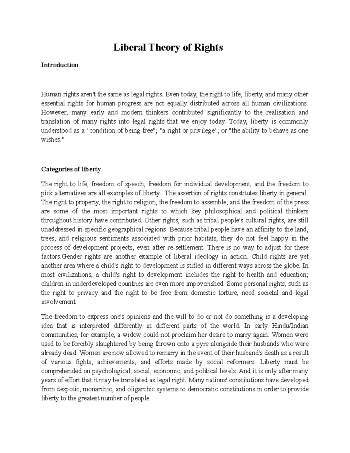 Liberal Theory of Rights: An In-Depth Analysis and Reflection - Studocu