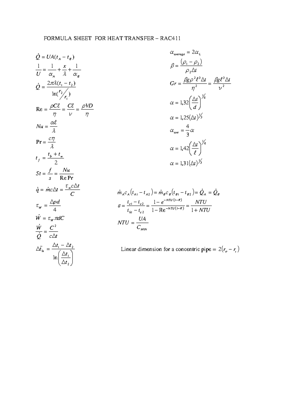 Formula Sheet for Heat Transfer RAC411: Key Equations & Concepts - Studocu