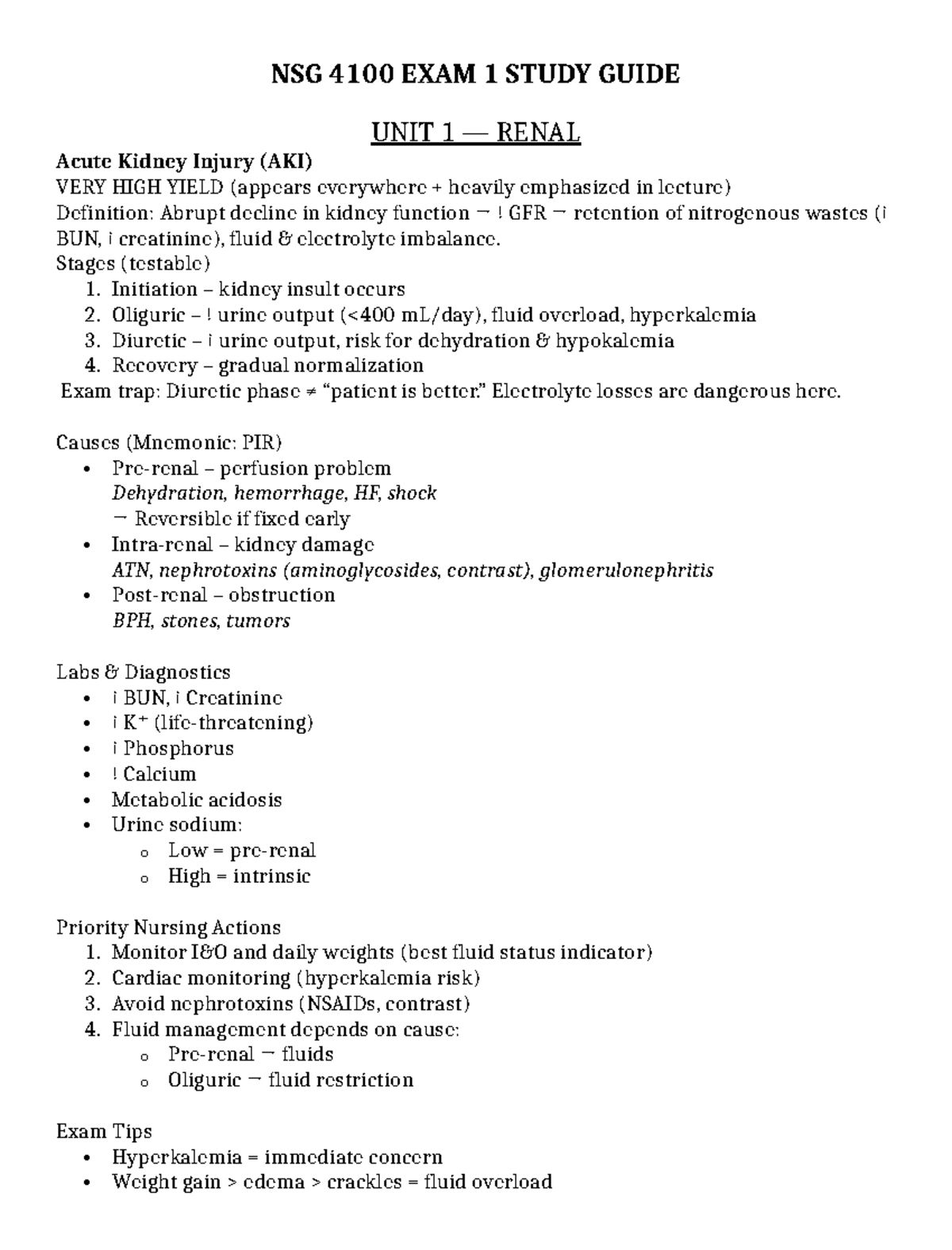 NSG 4100 EXAM 1 STUDY GUIDE: RENAL SYSTEM HIGHLIGHTS - Studocu