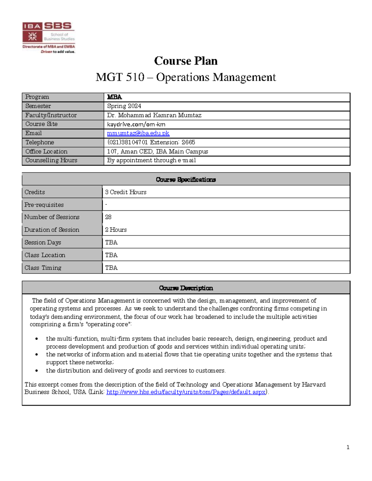 MBA-OPM Course Outline for Spring 2024 - Operations Management - Studocu