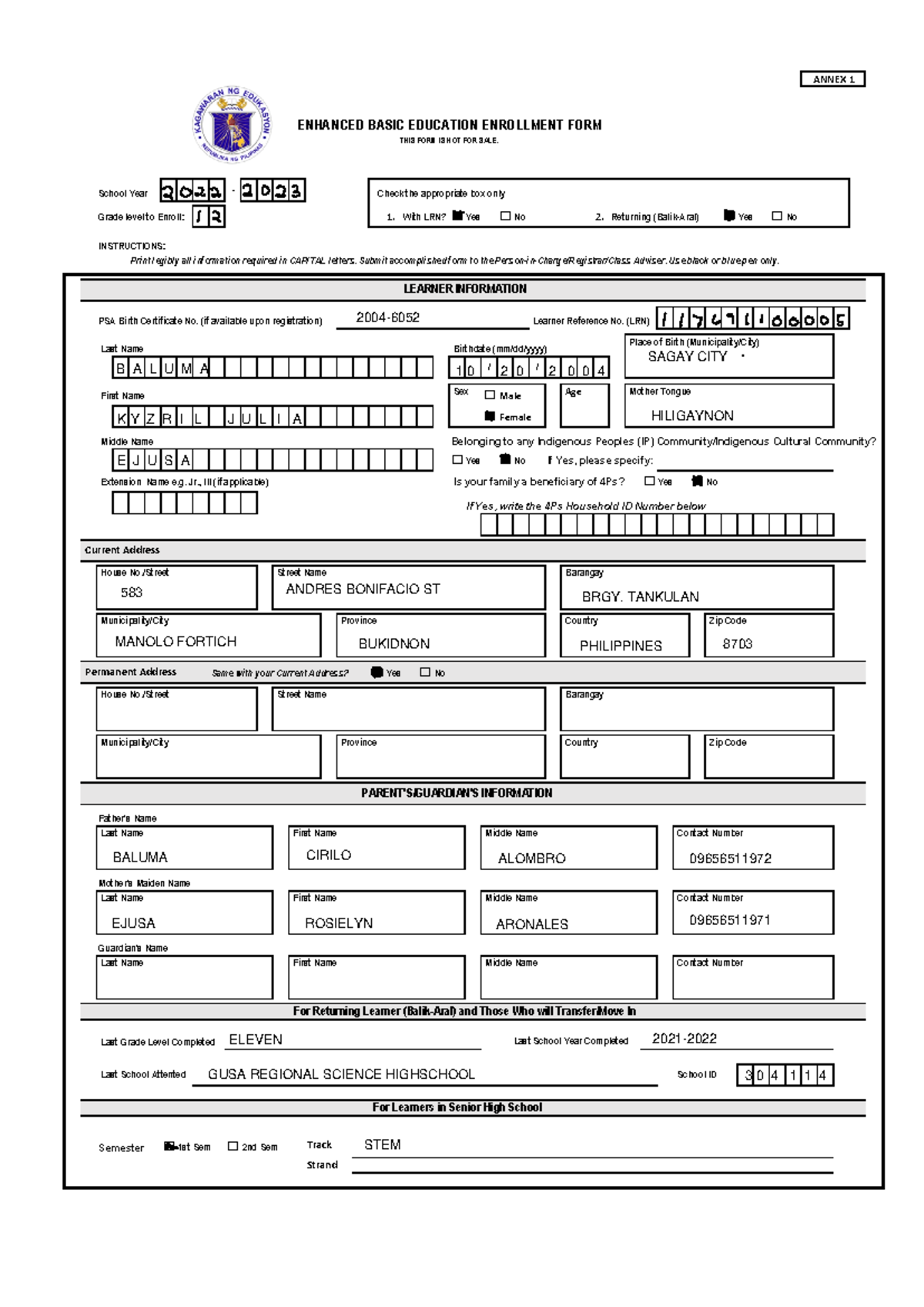Annex 1 Enhanced Basic Education Enrolment Form - School Year - Grade ...