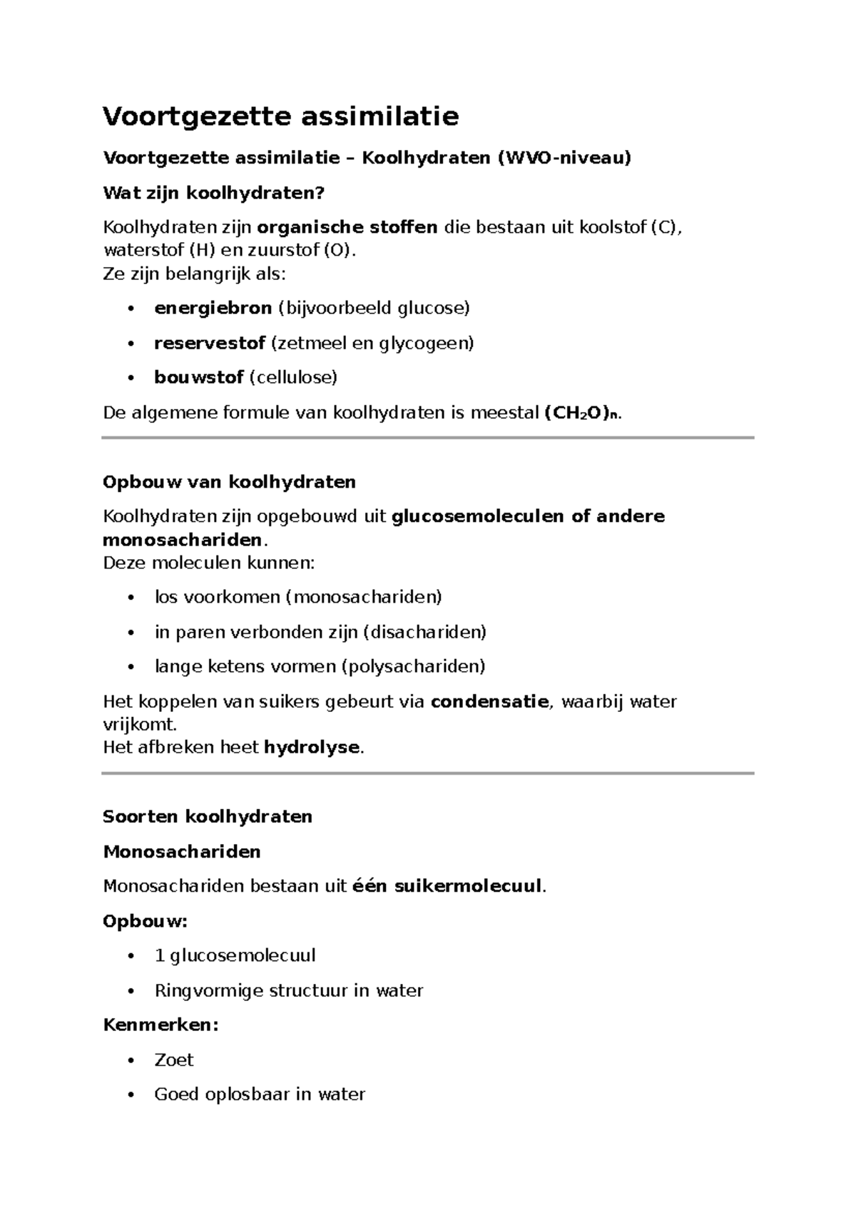 Voortgezette assimilatie: Koolhydraten en hun functies - Studeersnel