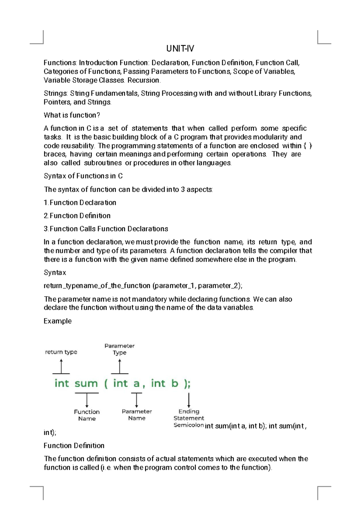 UNIT-4 - Yep - UNIT-IV Functions: Introduction Function: Declaration, Function Definition ...