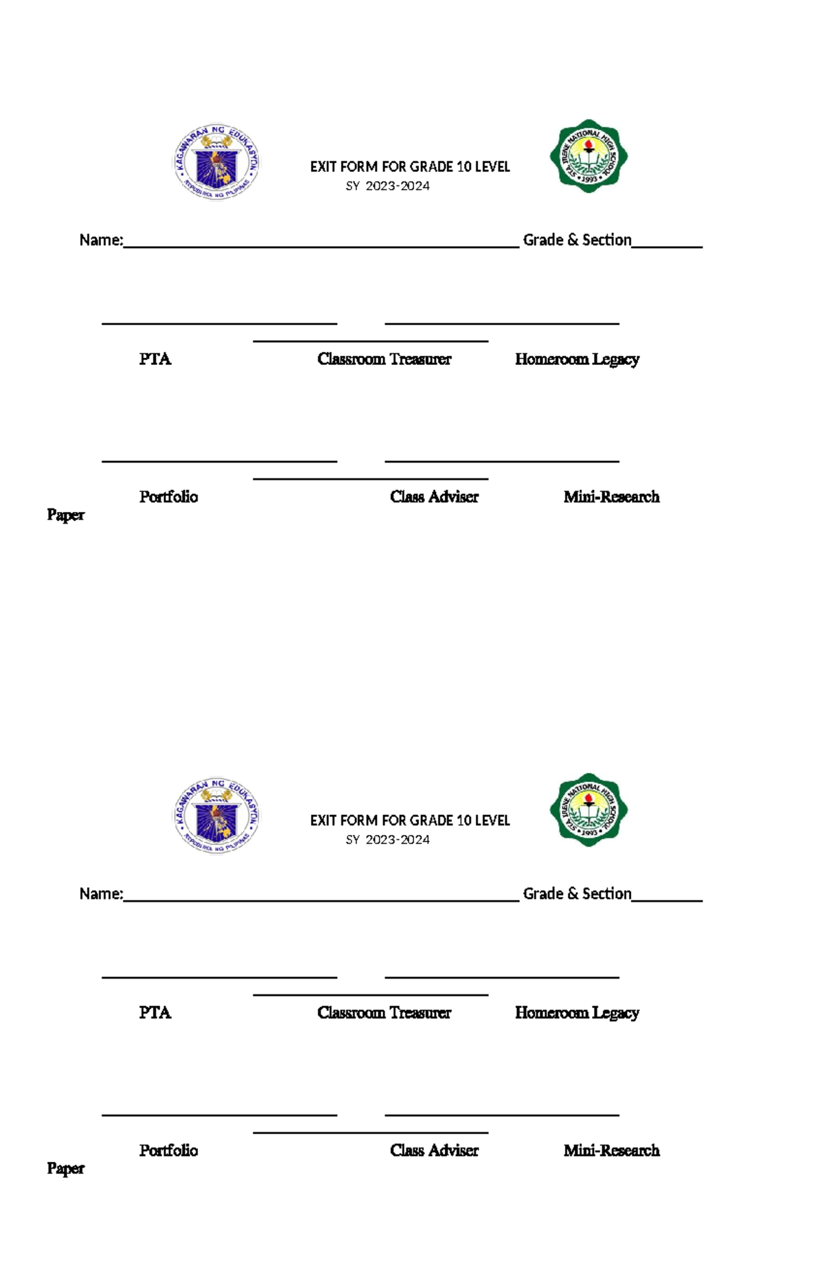 Exit form - exit form - EXIT FORM FOR GRADE 10 LEVEL SY 2023- Name ...