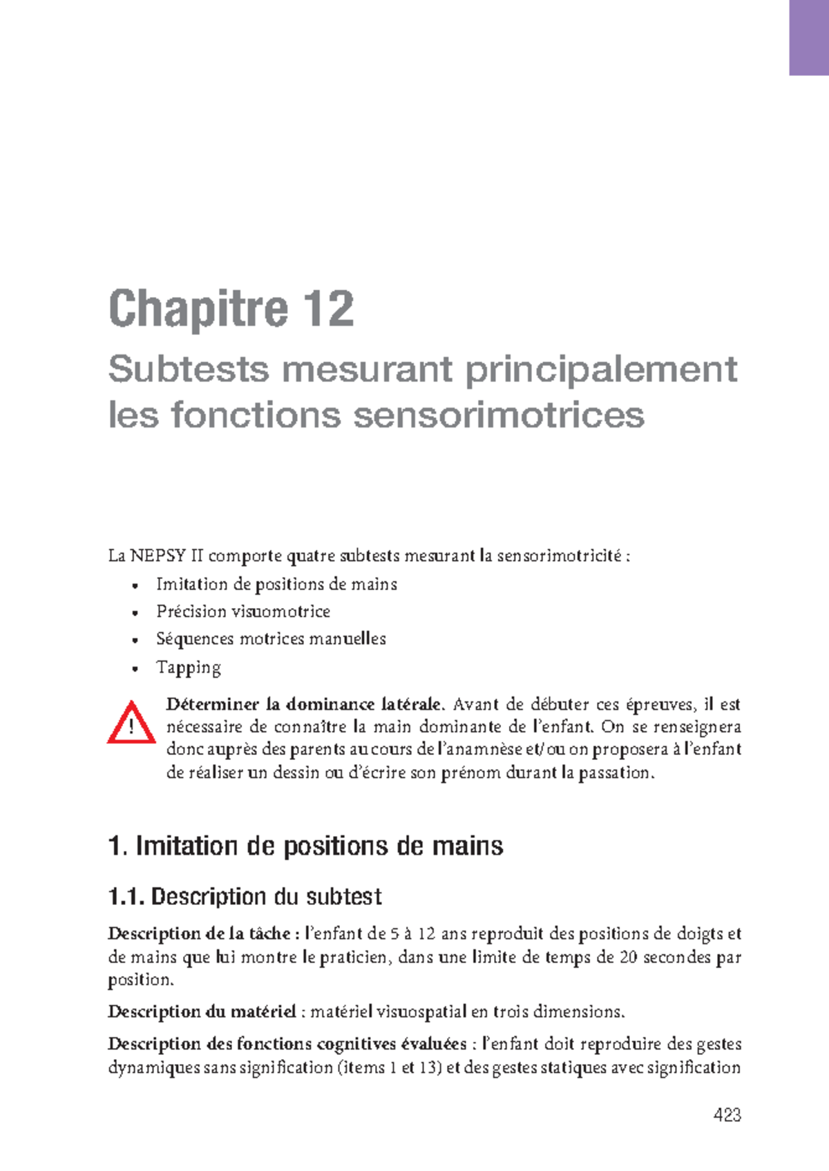 NEPSY II Chapitre 12: Subtests des Fonctions Sensorimotrices - Studocu