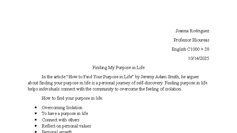 English 28 Essay Outline: Finding My Purpose in Life - Studocu
