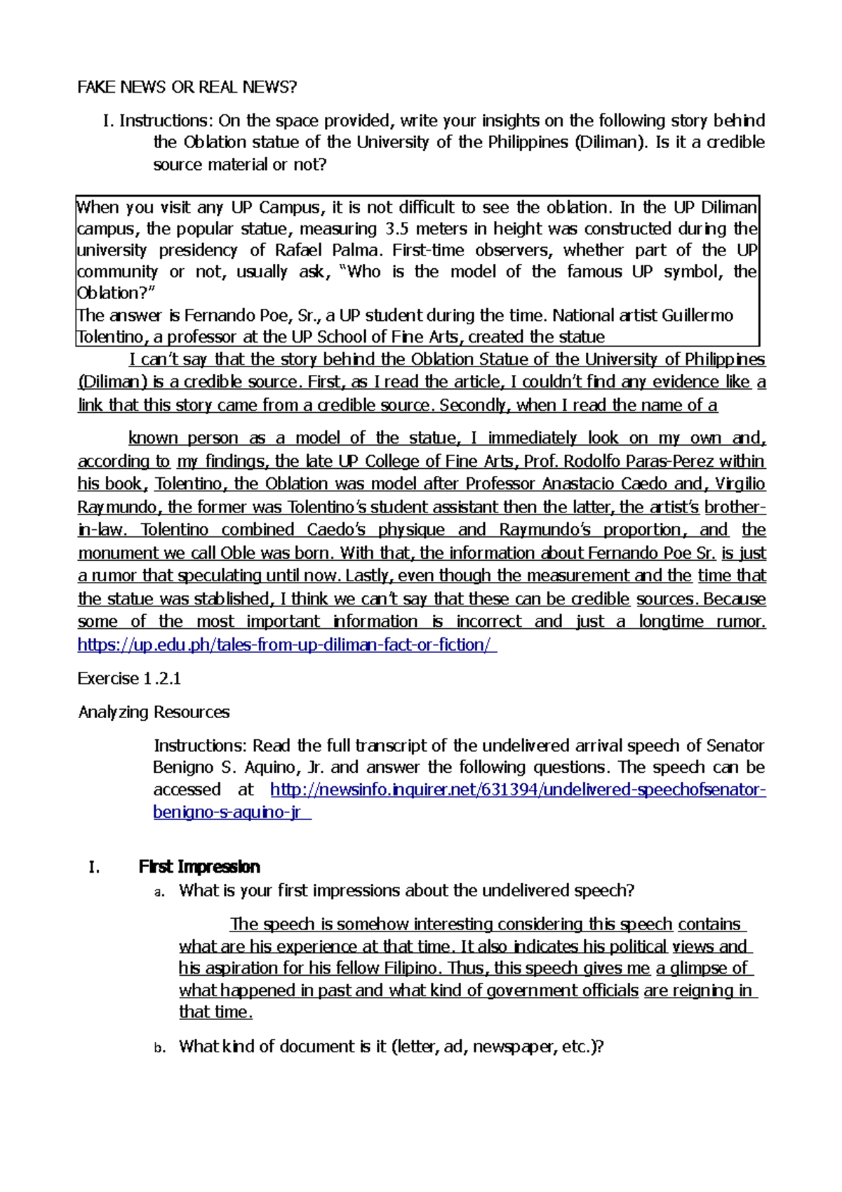Reading IN PHIL History - FAKE NEWS OR REAL NEWS? I. Instructions: On ...