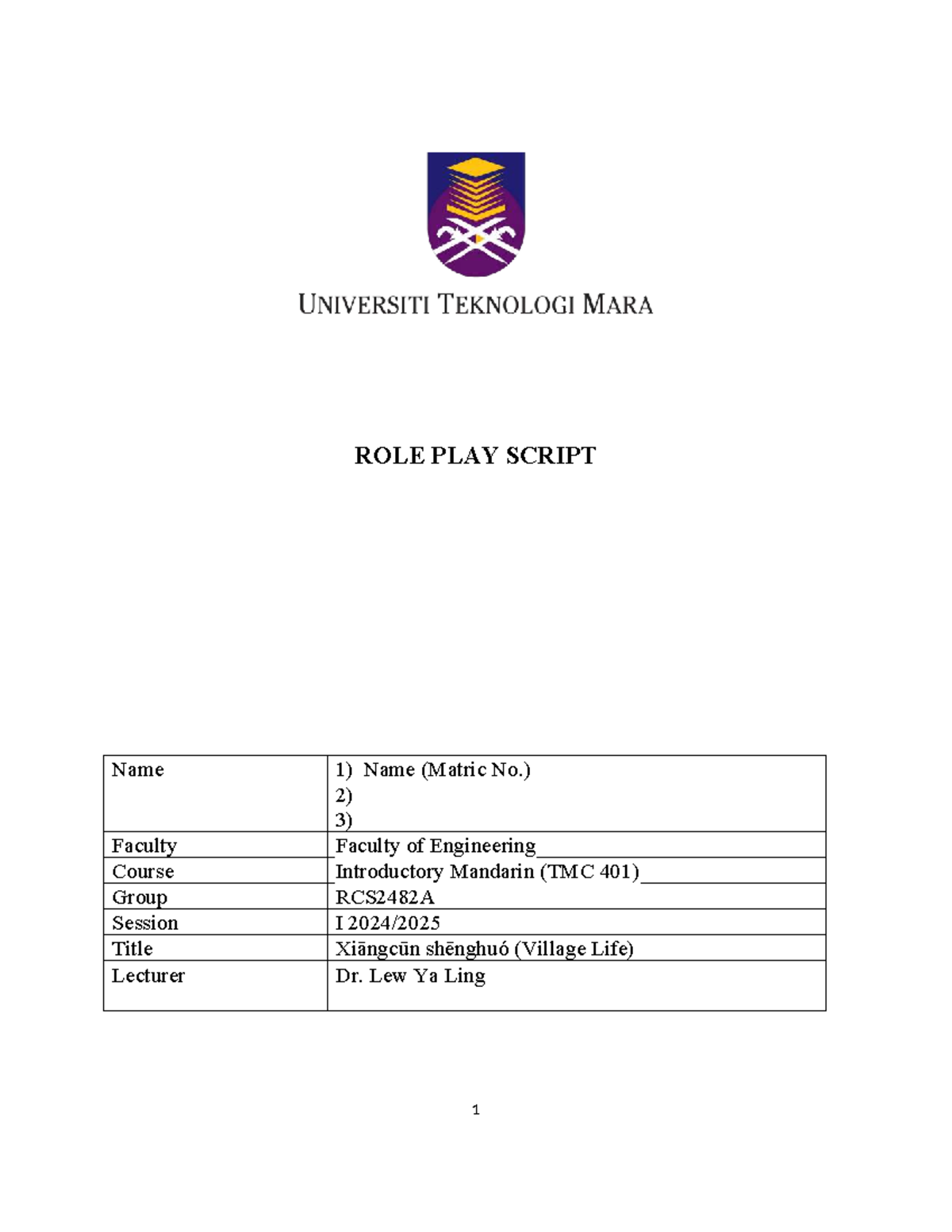 TMC 401 Role Play Script: Xiāngcūn shēnghuó (Village Life) - Studocu