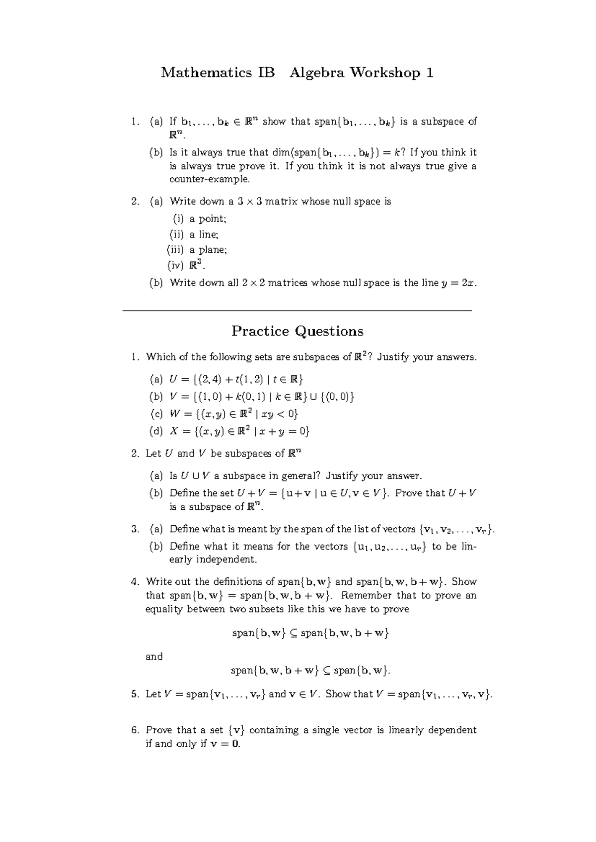Mathematics IB Algebra Workshop 1: Practice Questions and Solutions ...