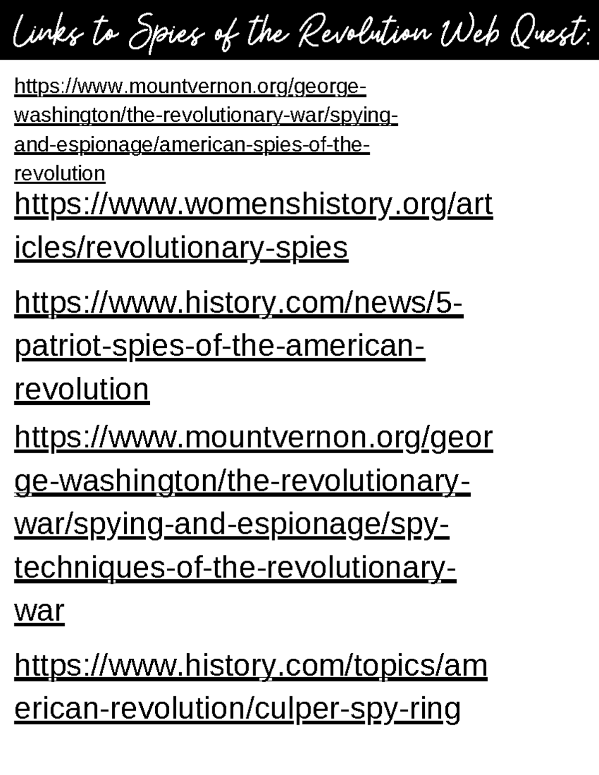 Links to Spies of the Revolution Web Quest - Nursing - Studocu