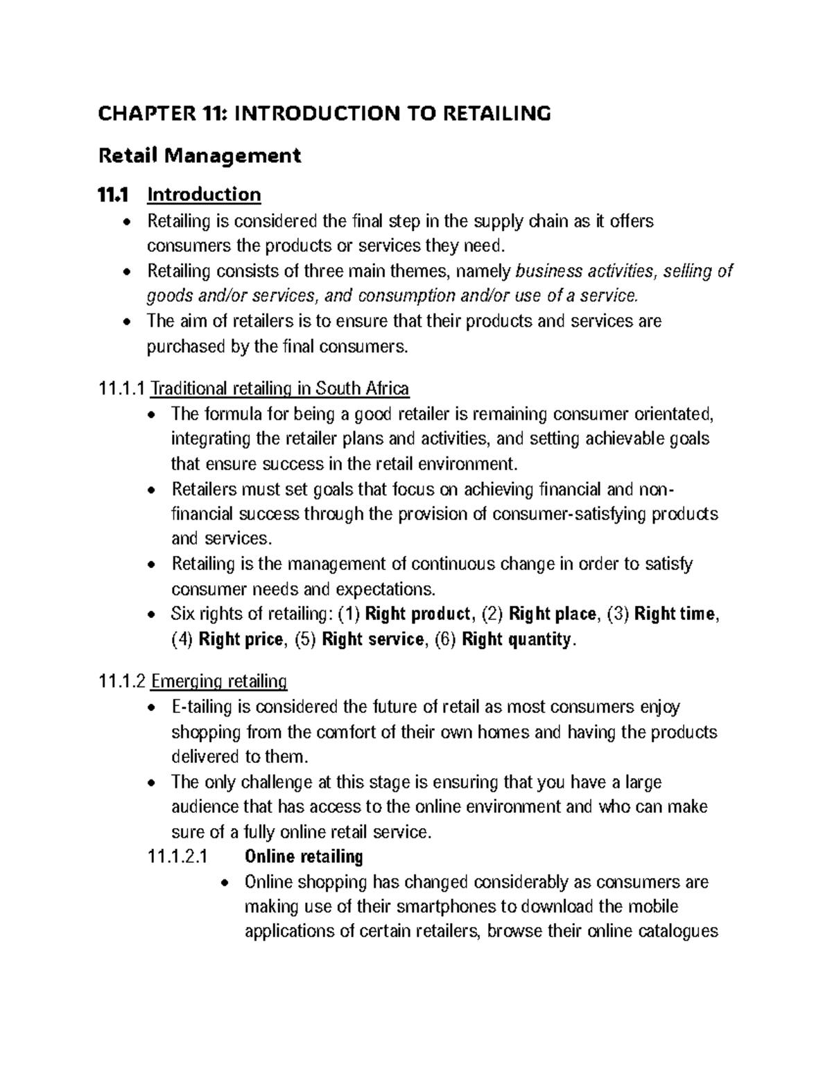 Chapter 11 - notes - CHAPTER 11: INTRODUCTION TO RETAILING Retail ...