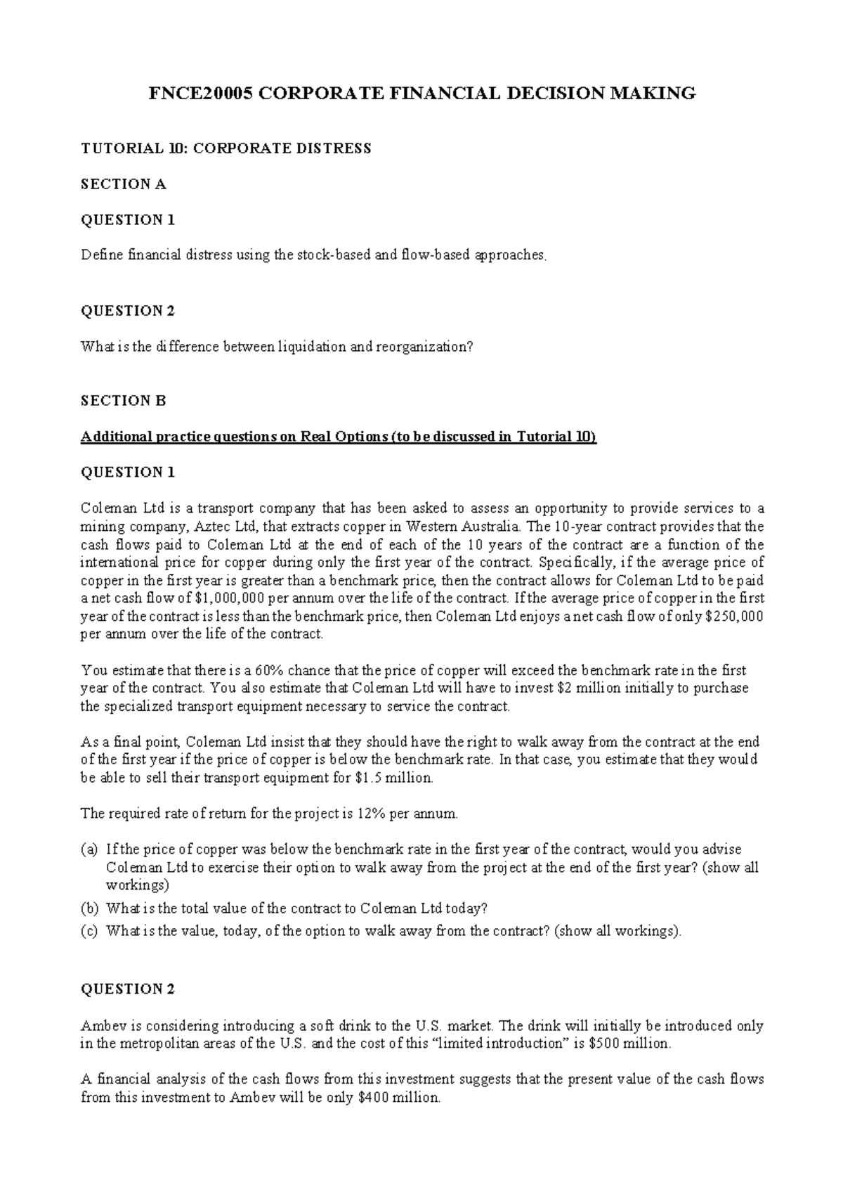 Tute 10 2023 - Tute 10 questions - FNCE20005 CORPORATE FINANCIAL ...