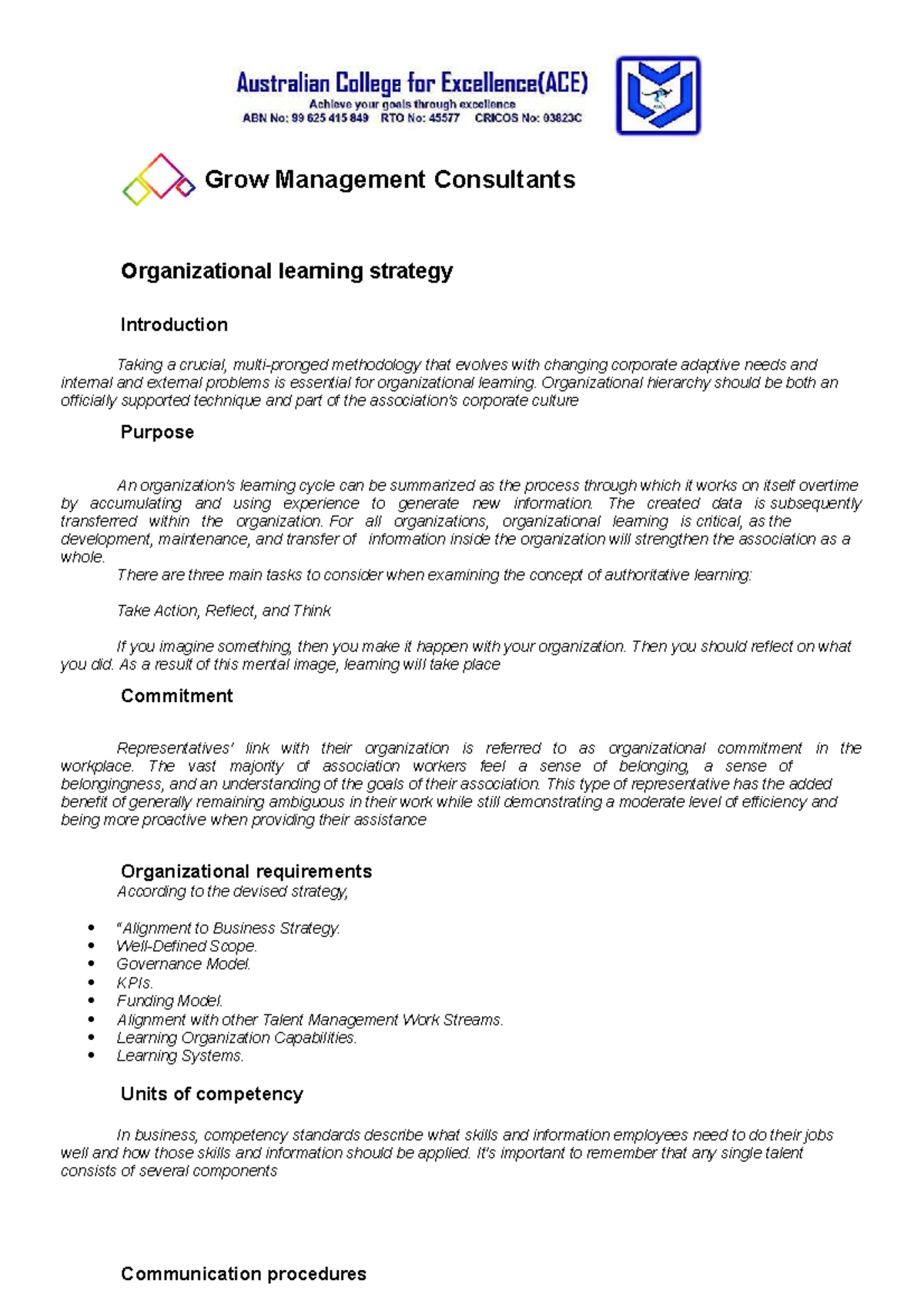 ACE – BSBHRM613 – Organizational Learning Strategy Overview - Studocu