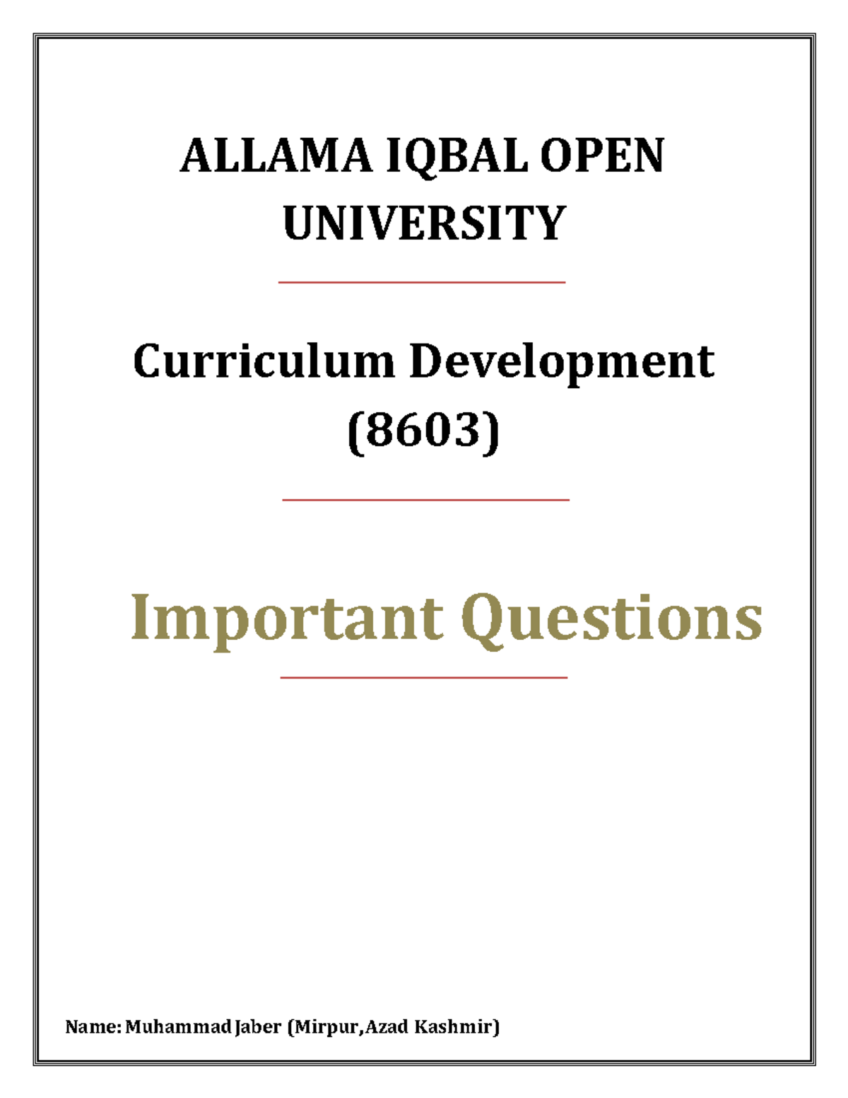 8603 Important Question A23 M - ALLAMA IQBAL OPEN UNIVERSITY Curriculum ...