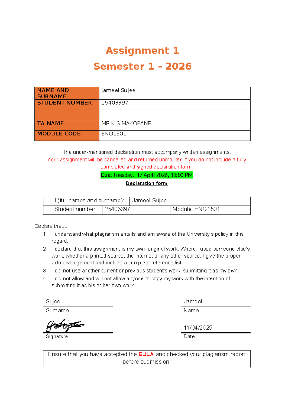 ENG1501 Assignment 1: Declaration and Analysis of Poetic Themes - Studocu