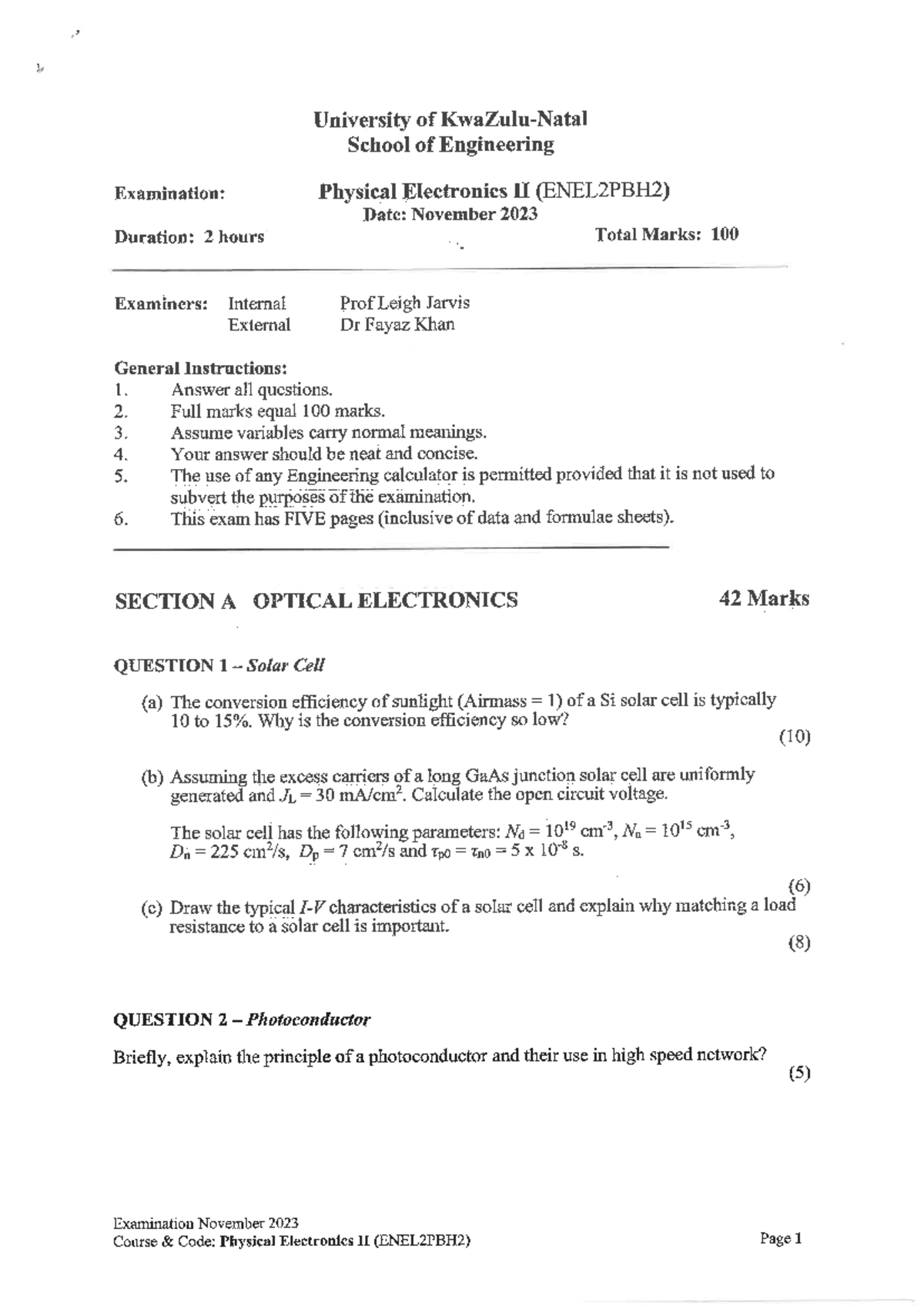 Physical Electronics II (ENEL2PBH2) Exam - November 2023 - Studocu