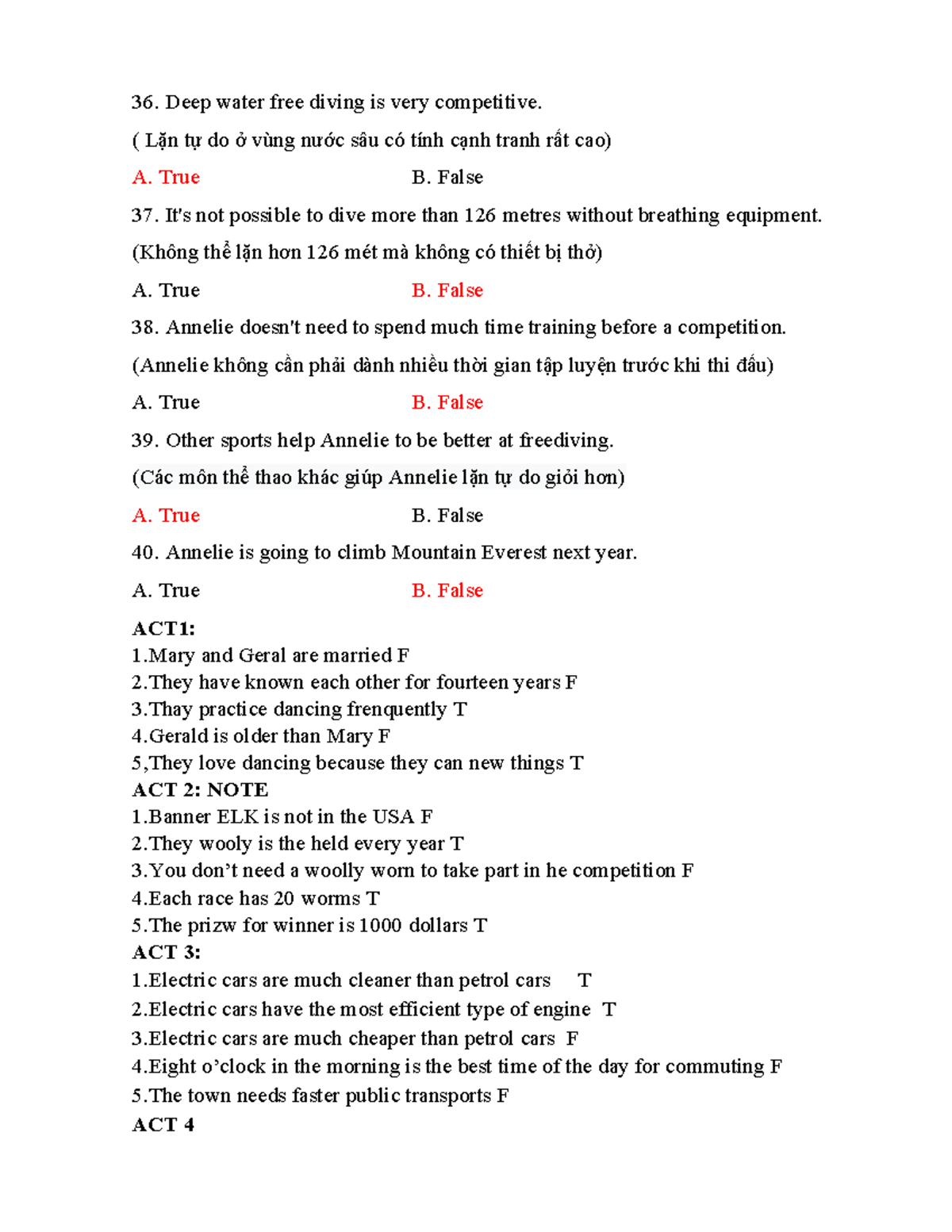 36. True/False Questions on Deep Water Free Diving and Related Topics ...