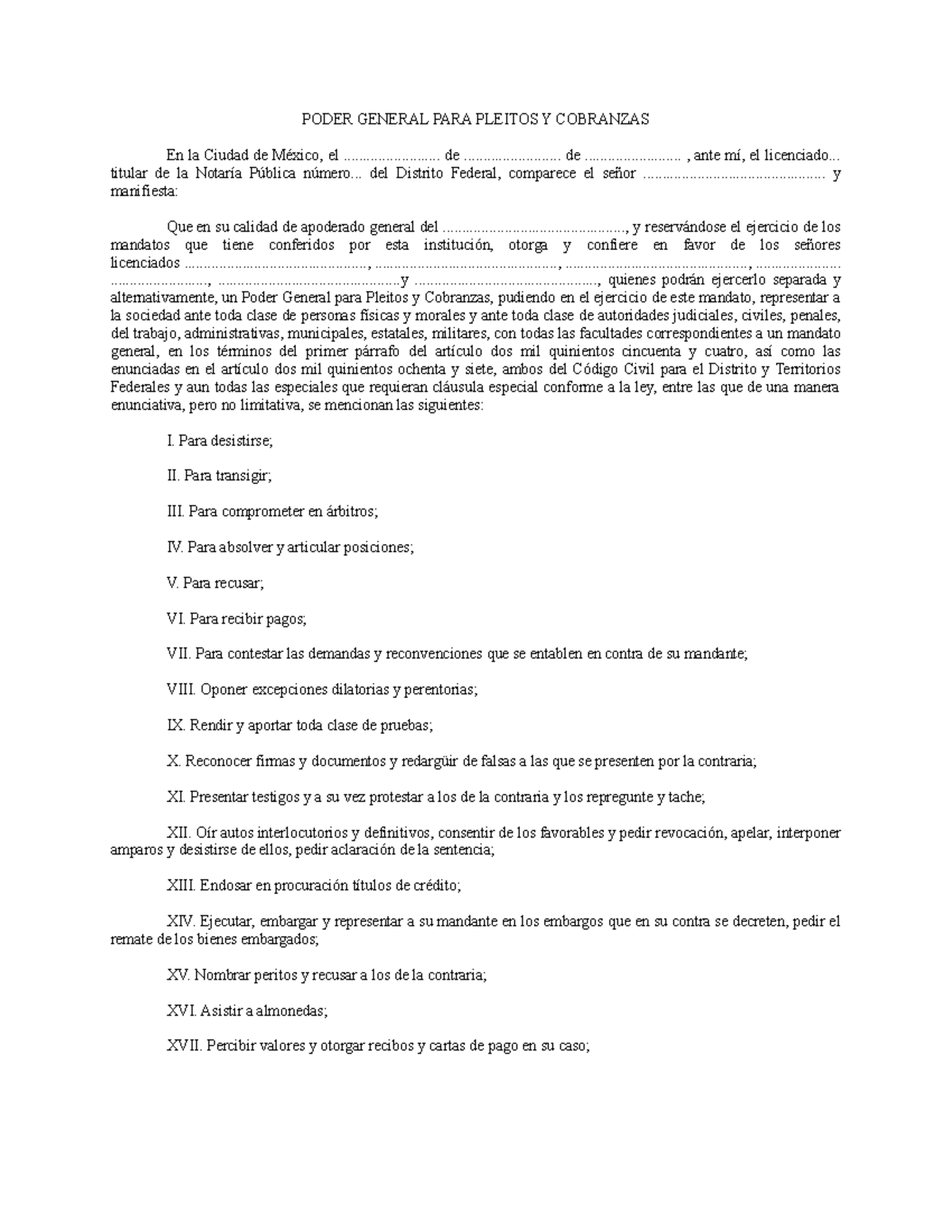Poder General PARA Pleitos Y Cobranzas - PODER GENERAL PARA PLEITOS Y ...