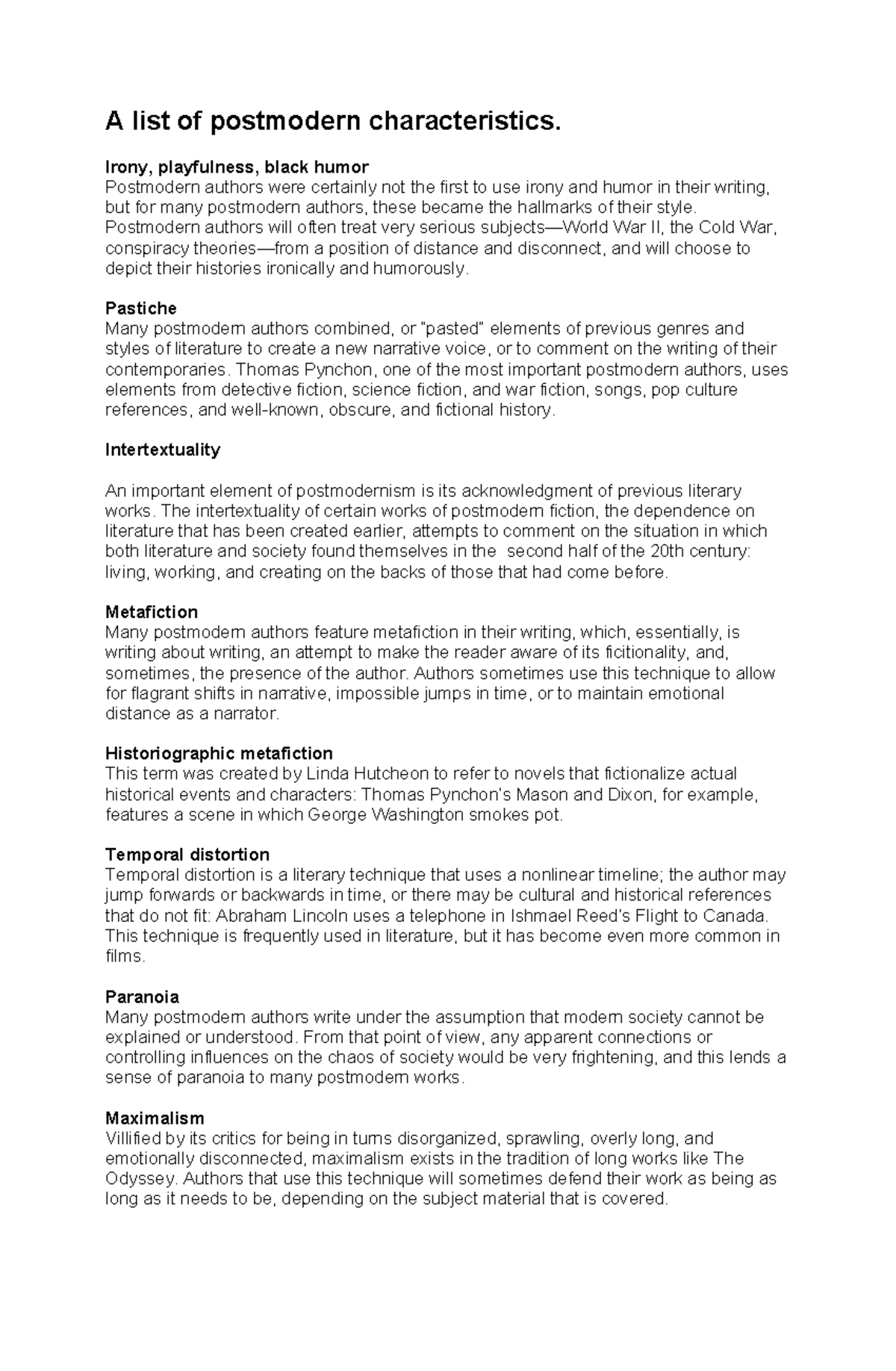 Postmodern Characteristics: Key Elements in Literature Analysis - Studocu