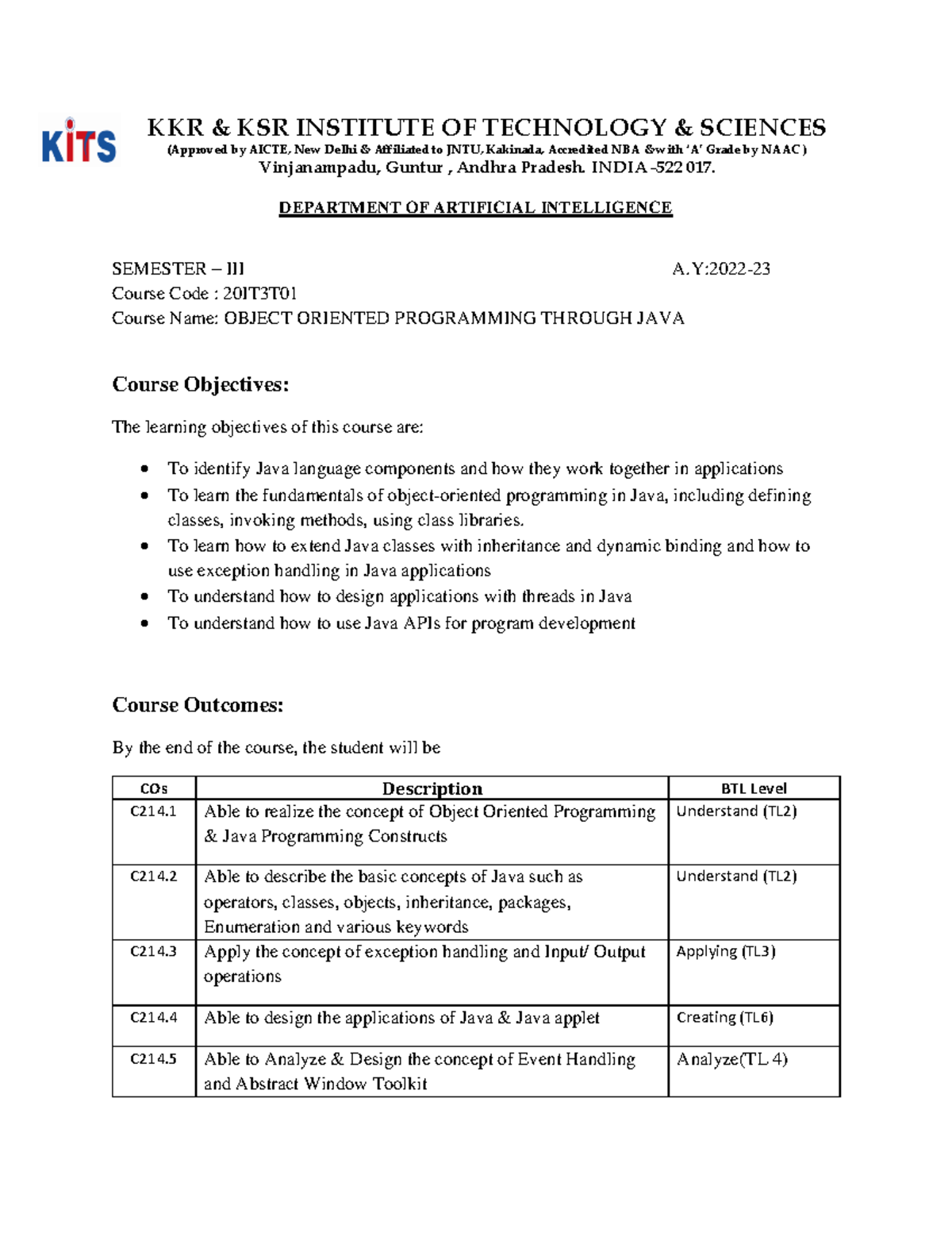 CO-PO Mapping for OOP through Java (20IT3T) - Semester III - Studocu
