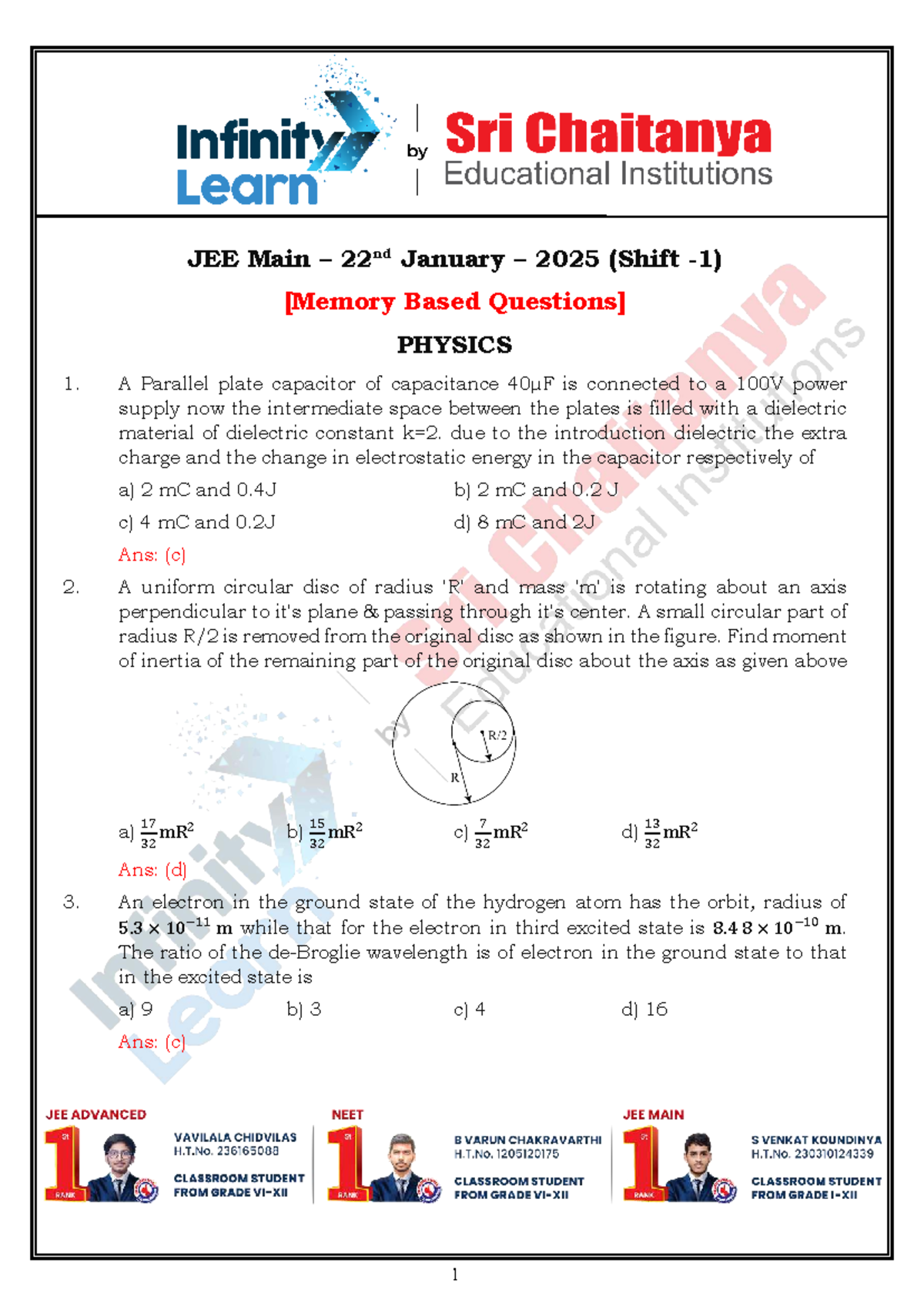 JEE Main 2025 (22nd Jan) Shift 1 Question Paper & Solutions - Studocu
