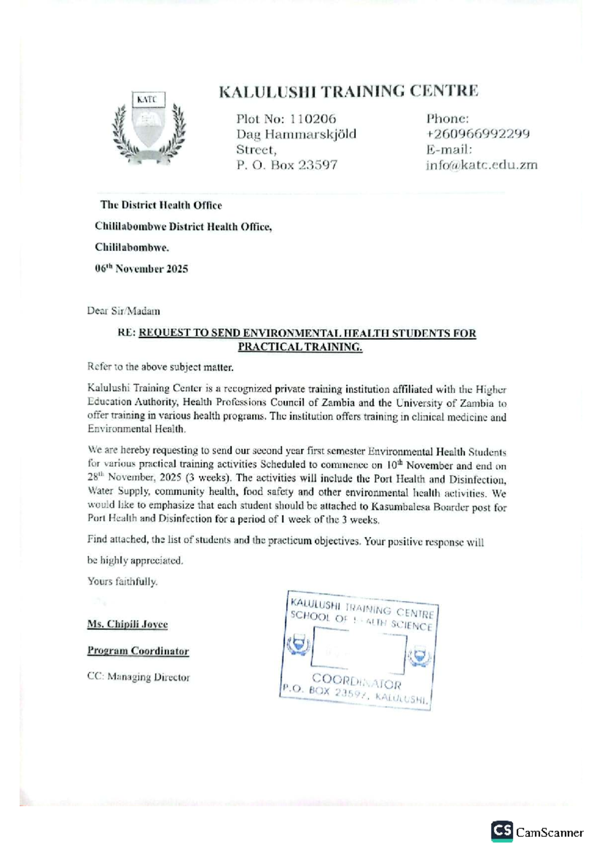 KATC Environmental Health Students Practical Training Memo - Studocu