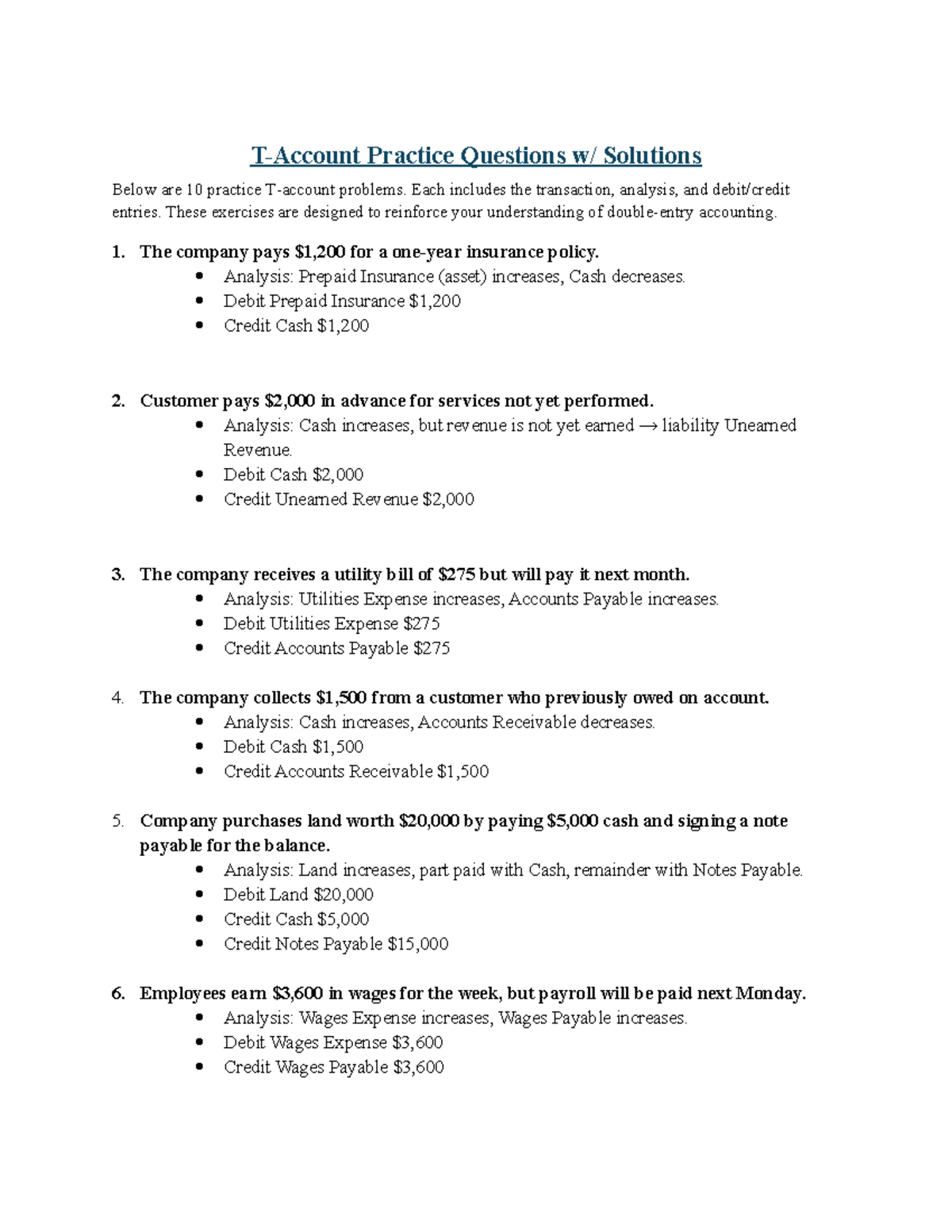 T-Account Practice Questions w/ Solutions for Accounting Concepts - Studocu