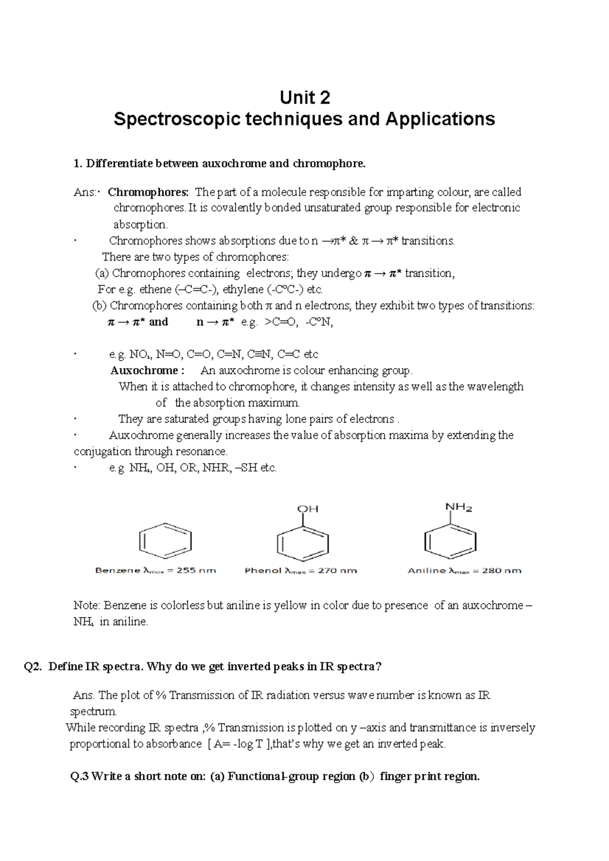 Unit 2: Key Short Questions on Spectroscopic Techniques and ...