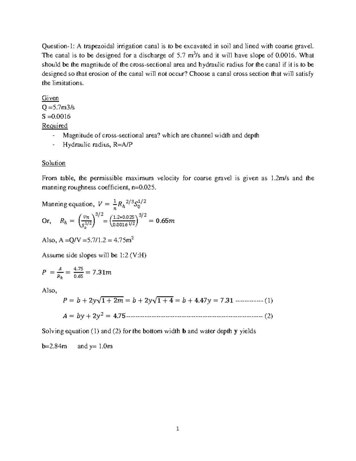 Solved exercise - Hydraulic structures 1 - 1 Question-1: A trapezoidal ... Solved exercise - Hydraulic structures 1 - 1 Question-1: A trapezoidal ...
