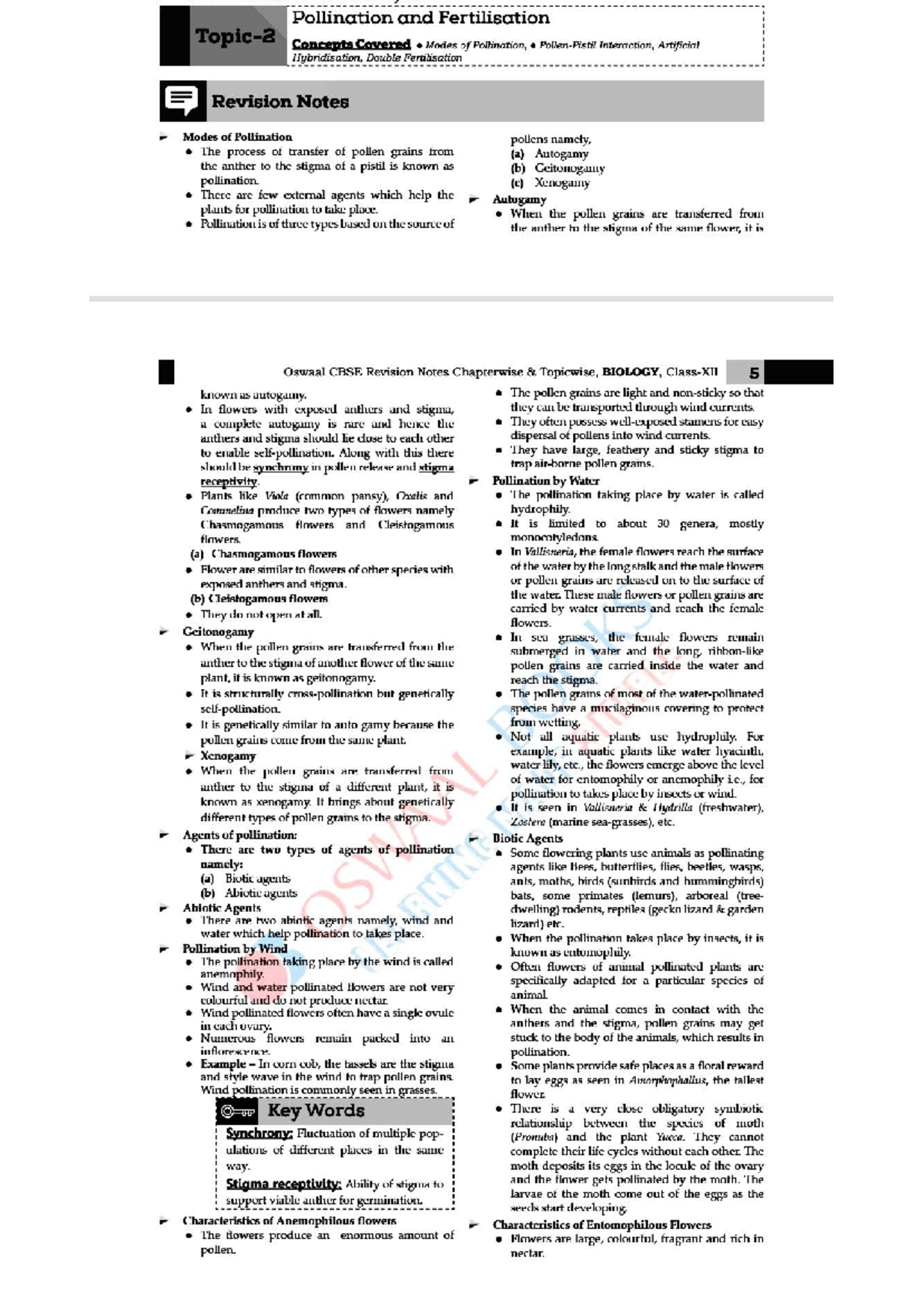 Oswaal CBSE Revision Notes: Pollination & Fertilisation Concepts - Studocu
