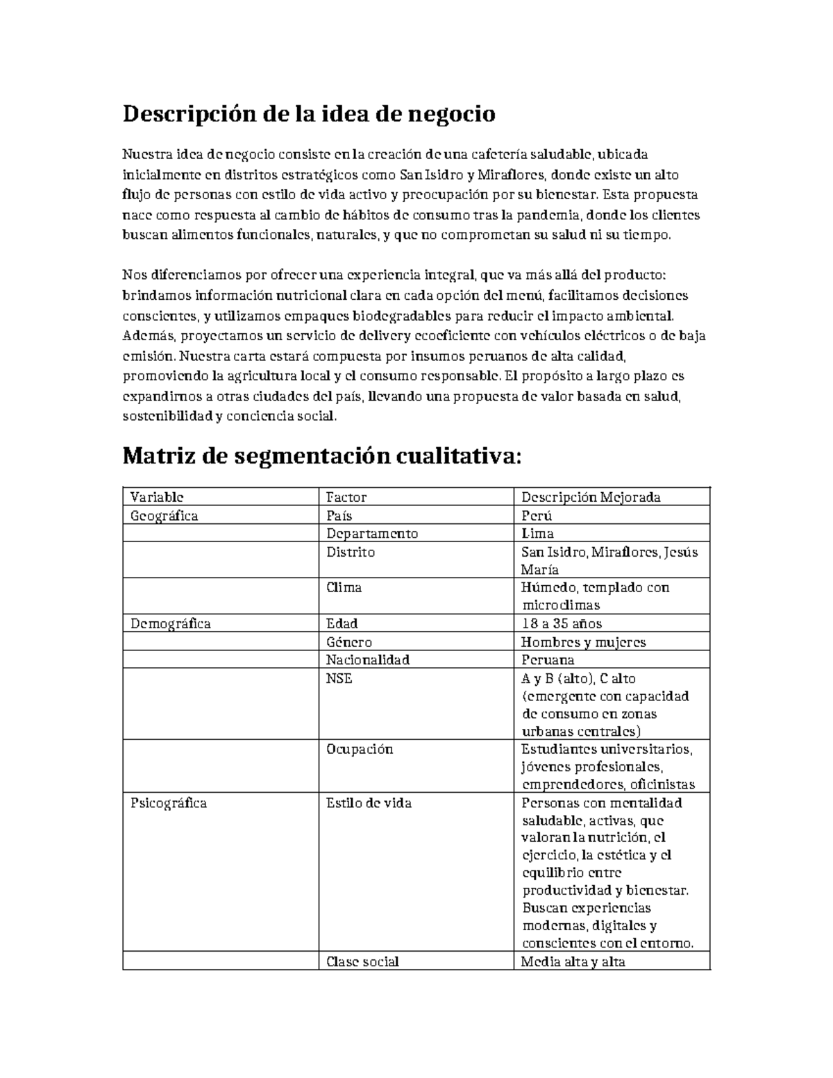 Avance 1: Idea de Negocio para Cafetería Saludable en Perú - Studocu