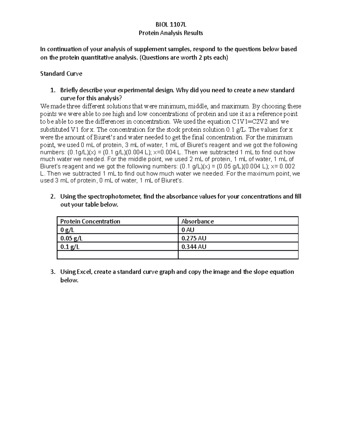 1107L Quantitative analysis for protein - BIOL 1107L Protein Analysis ...
